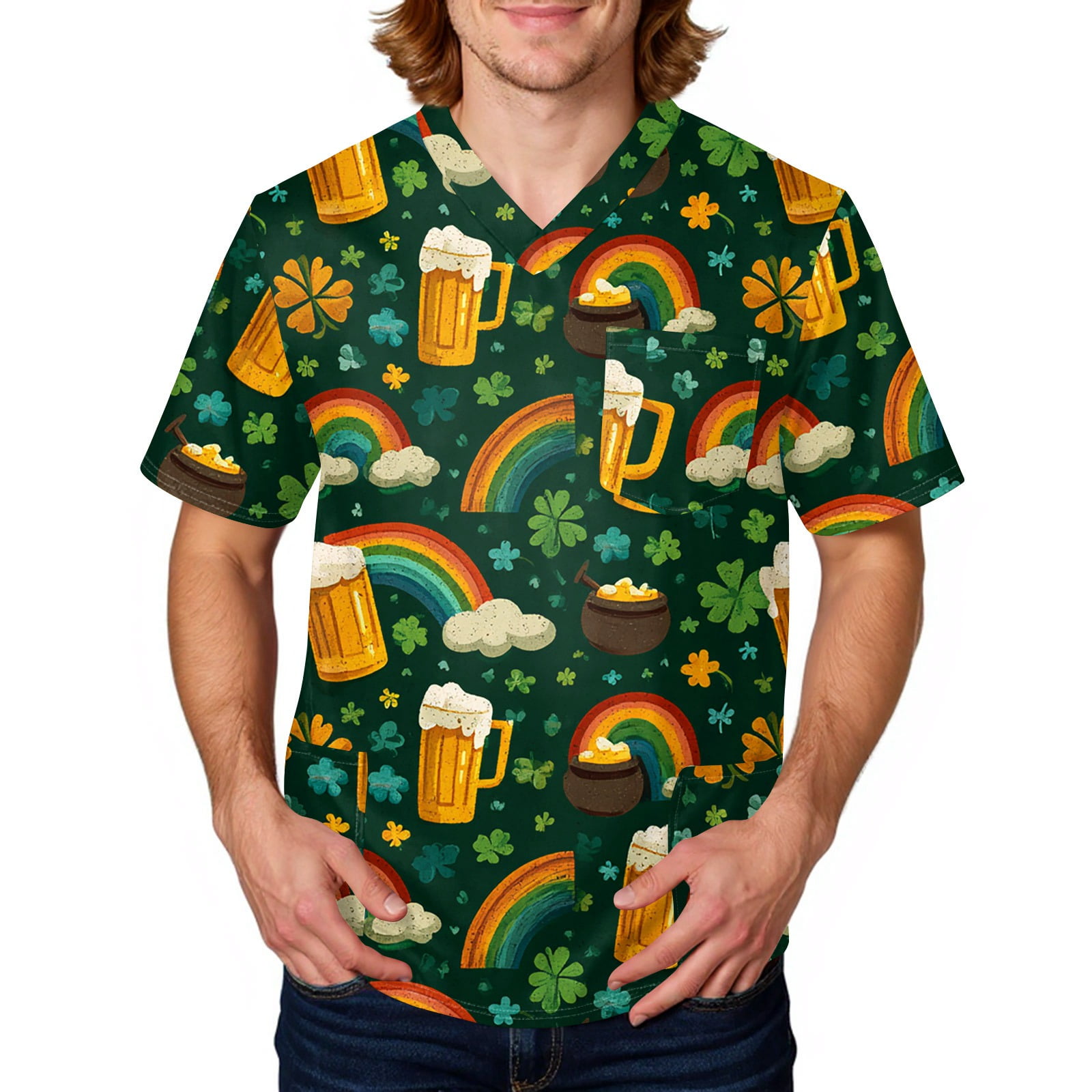 Domuza St Patricks Day Men Scrub Top Lucky Shamrock Printed Short ...