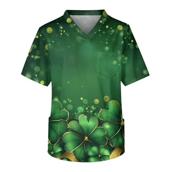 Domuza St Patricks Day Scrub Shirts for Men Shamrocks Printed Short ...