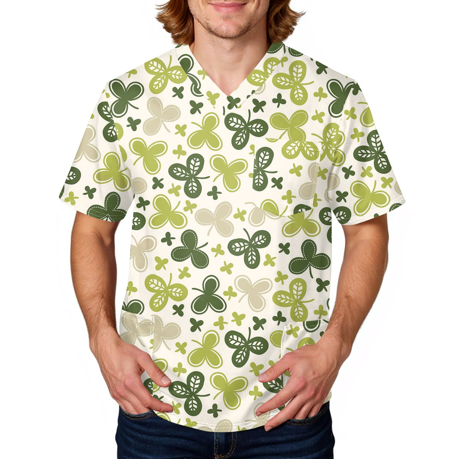 Domuza St Patricks Day Scrub Tops Men Lucky Shamrock Clover Short ...