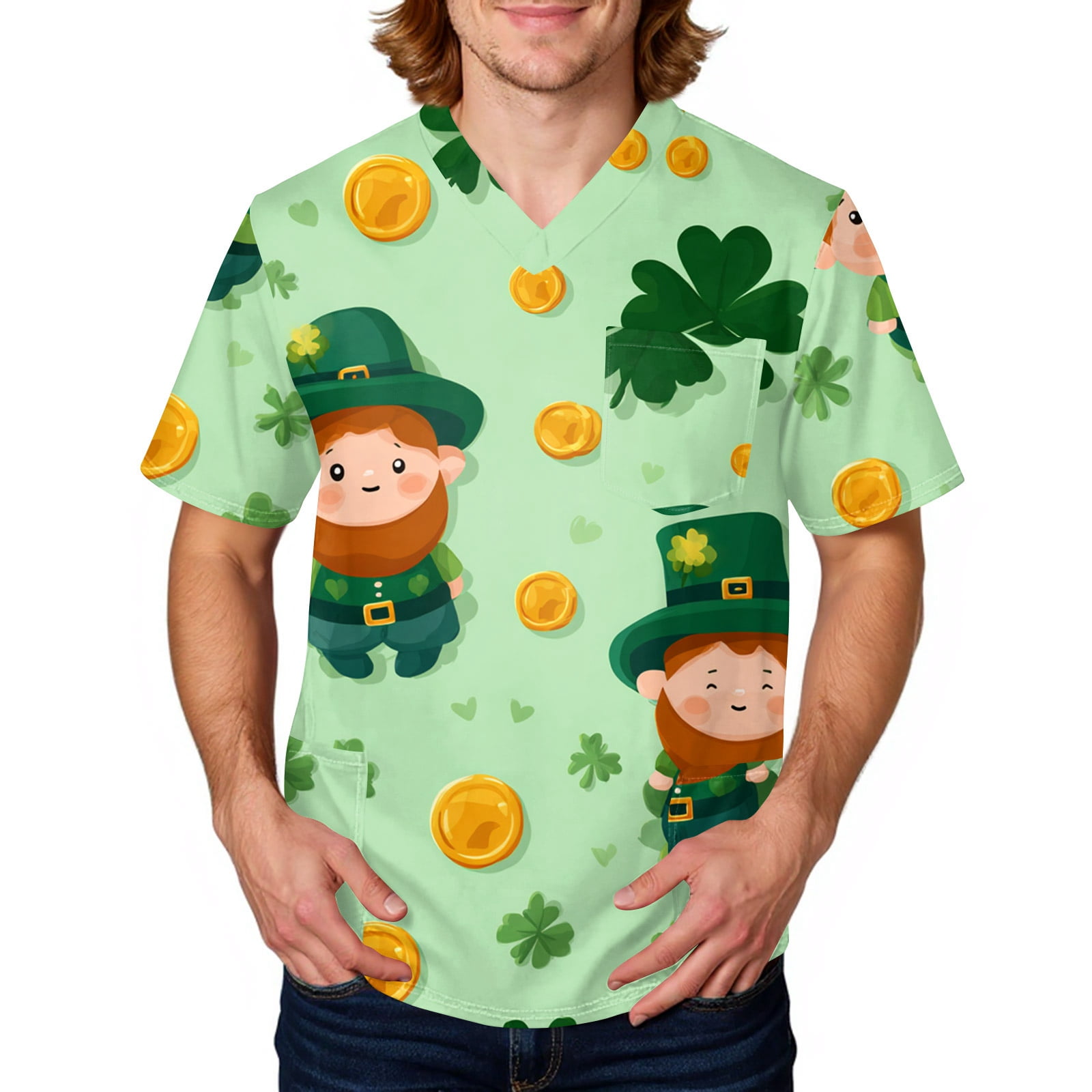 Domuza St Patricks Day Scrub Tops for Men Lucky Shamrock Printed Short ...