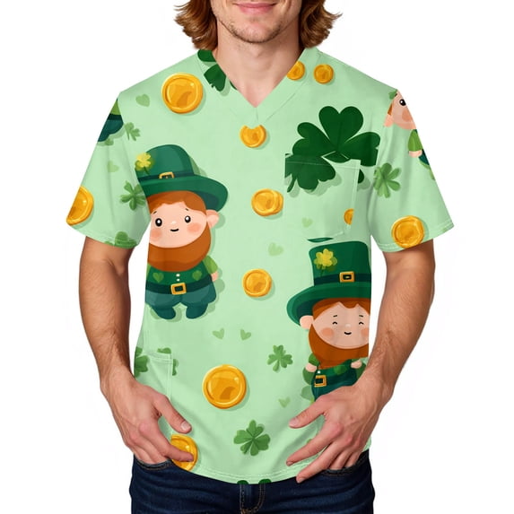 Domuza St Patricks Day Scrub Tops for Men Lucky Shamrock Printed Short ...