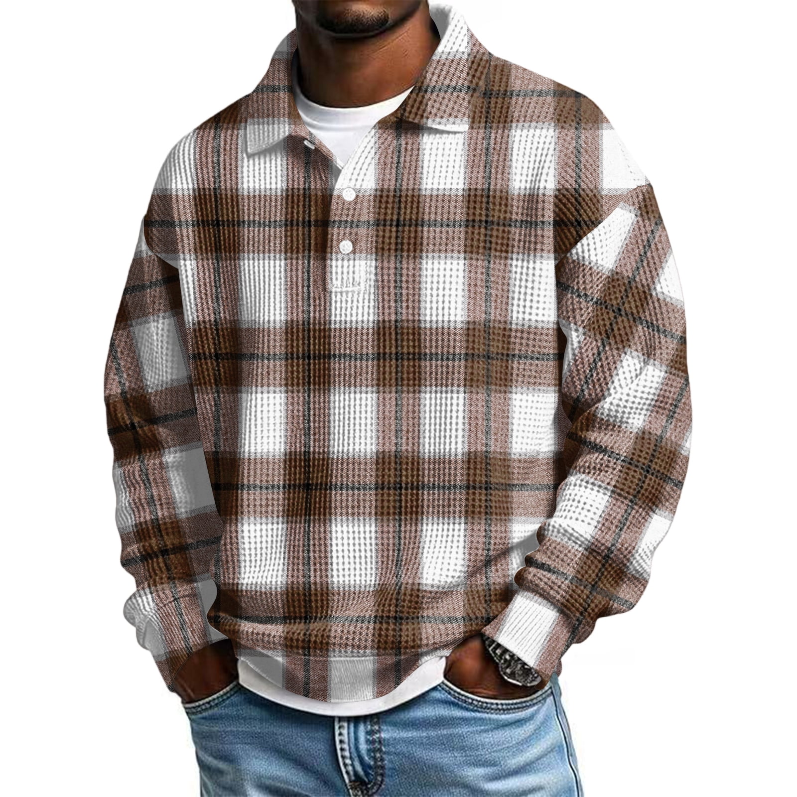 Domuza Waffle Polo Shirts for Men Plaid Vintage Button Up Long Sleeve ...