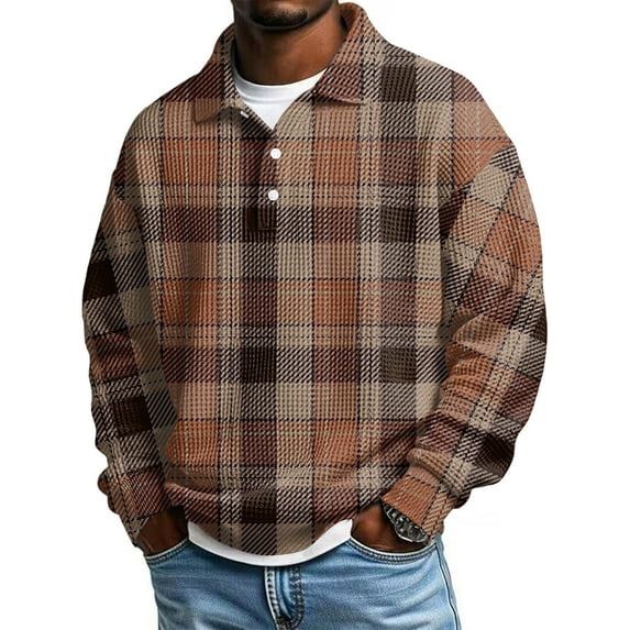 Domuza Waffle Polo Shirts Men Plaid Vintage Long Sleeve Button Collared ...