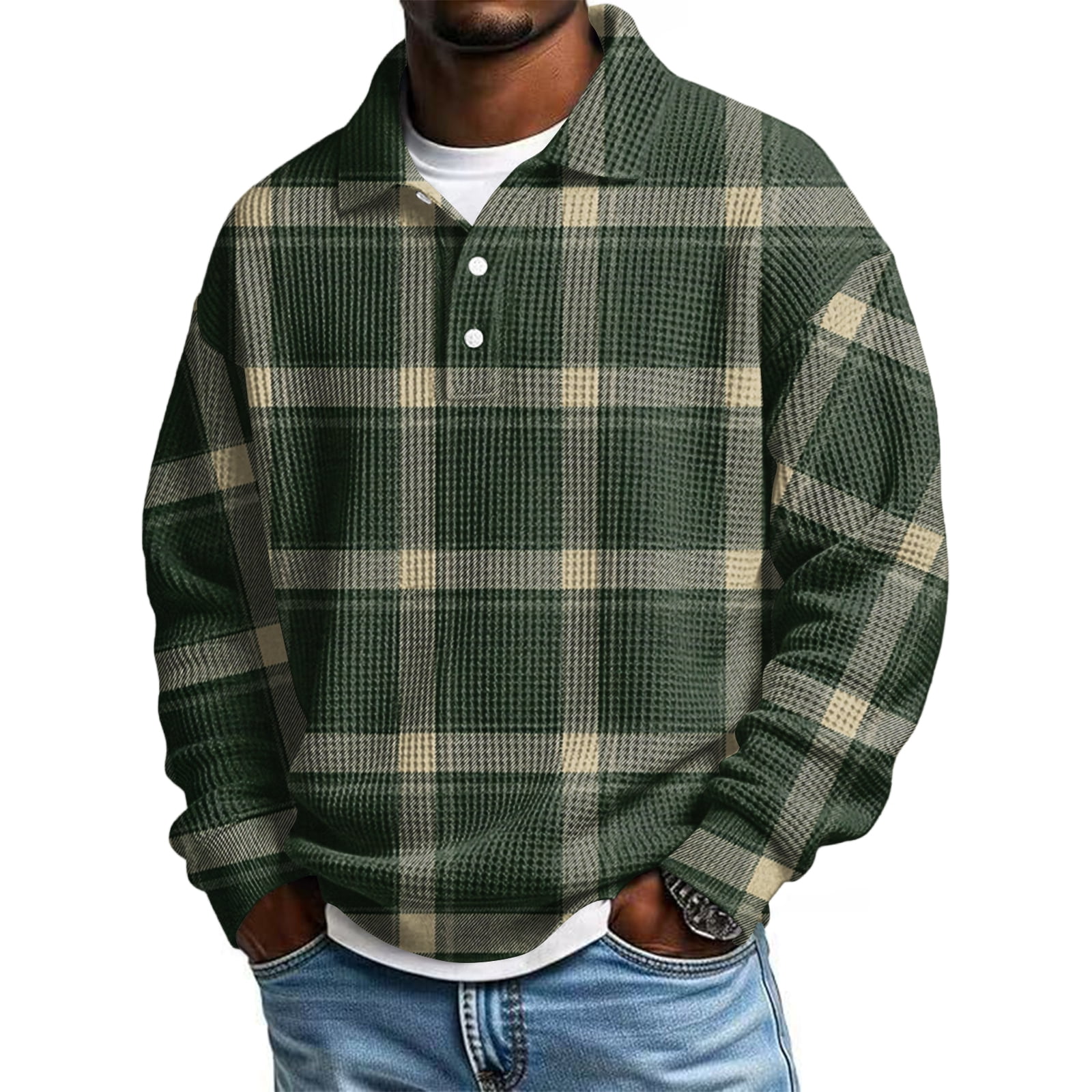 Domuza Waffle Polo Shirts for Men Plaid Vintage Long Sleeve Button Down ...