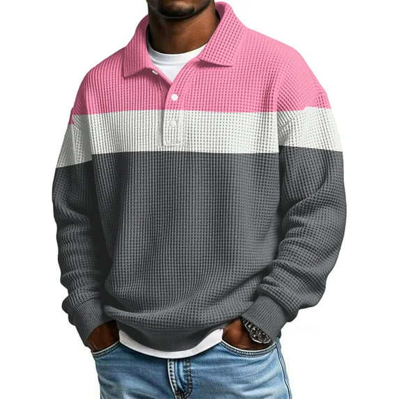 Domuza Waffle Polo Shirts for Men Retro Button Long Sleeve Collared ...