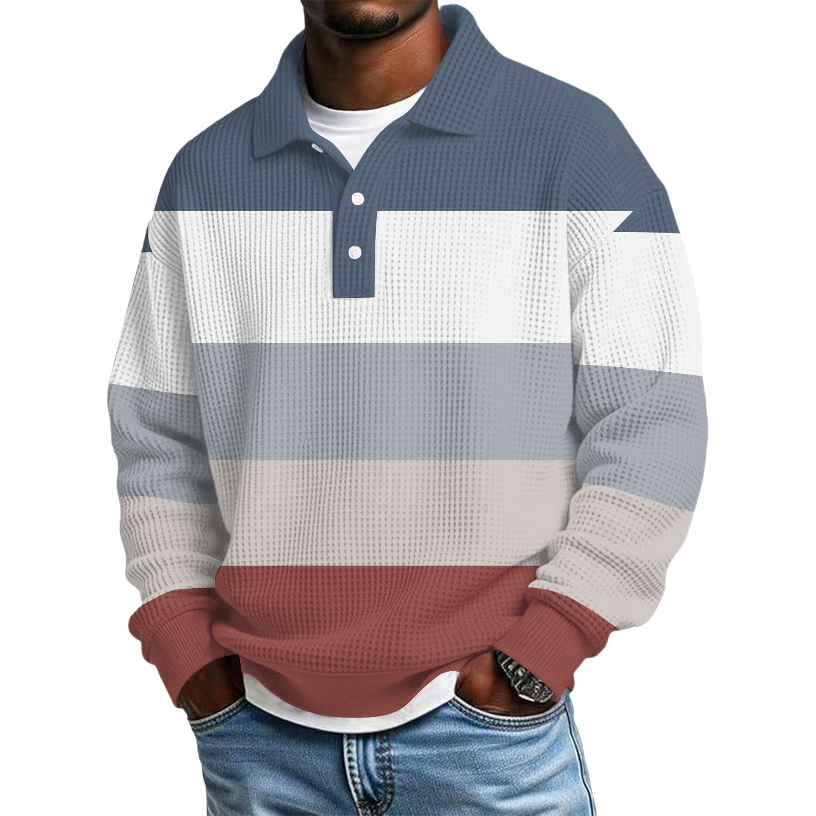 Domuza Waffle Polo Shirts for Men Vintage Long Sleeve Button Up ...
