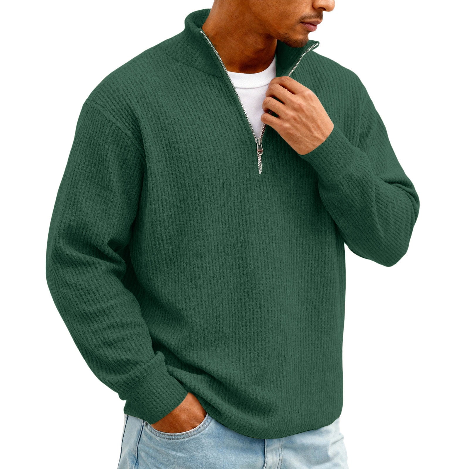 Domuza Waffle Sweatshirt Men Stand Collar Casual Quarter Zip Up ...