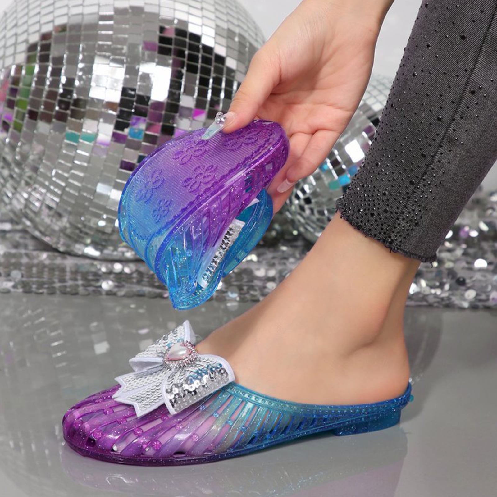 Domuza Women's Clear Glitter jelly sandals, Pearl & Rhinestone Bow ...