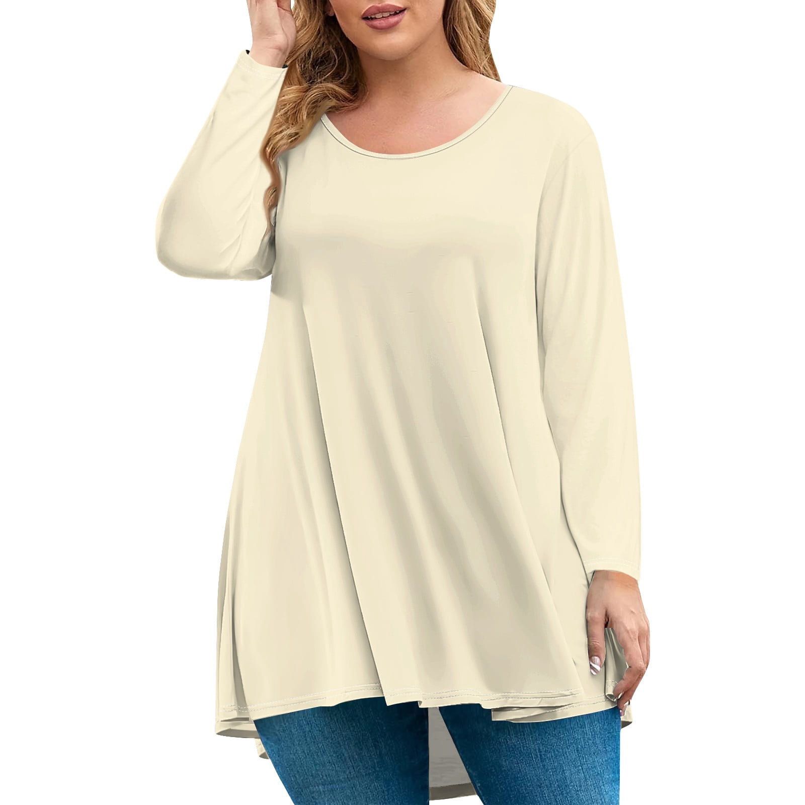 Domzest 2024 Beige Plus Size Shirts for Women 4x-5x Long Sleeve Crew ...