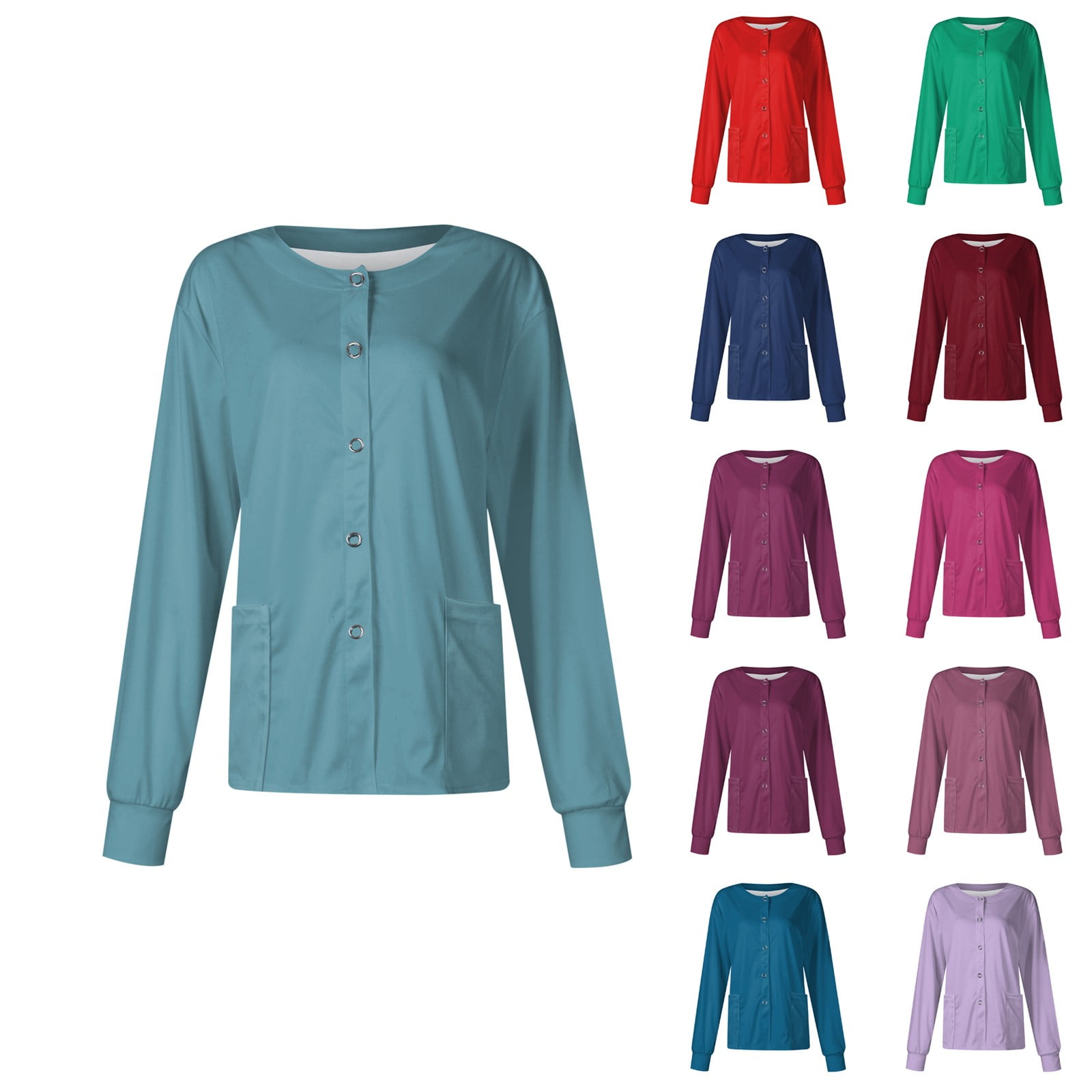 Domzest 2025 Nurse Jackets for Women Scrub Crew Neck Long Sleeve Snap ...