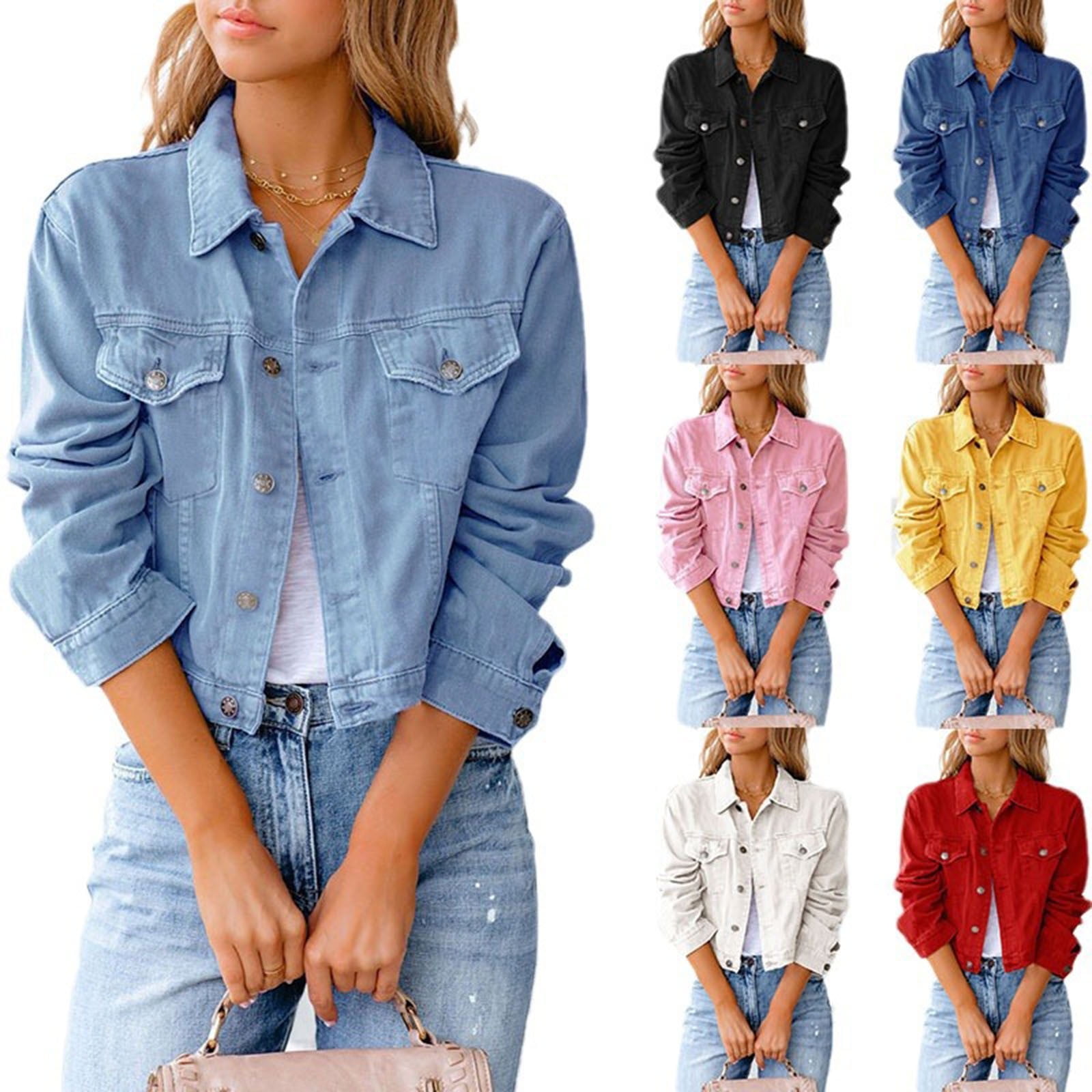 Domzest 2025 Womens Pink Denim Jacket Fall Lightweight Crop Long Sleeve ...