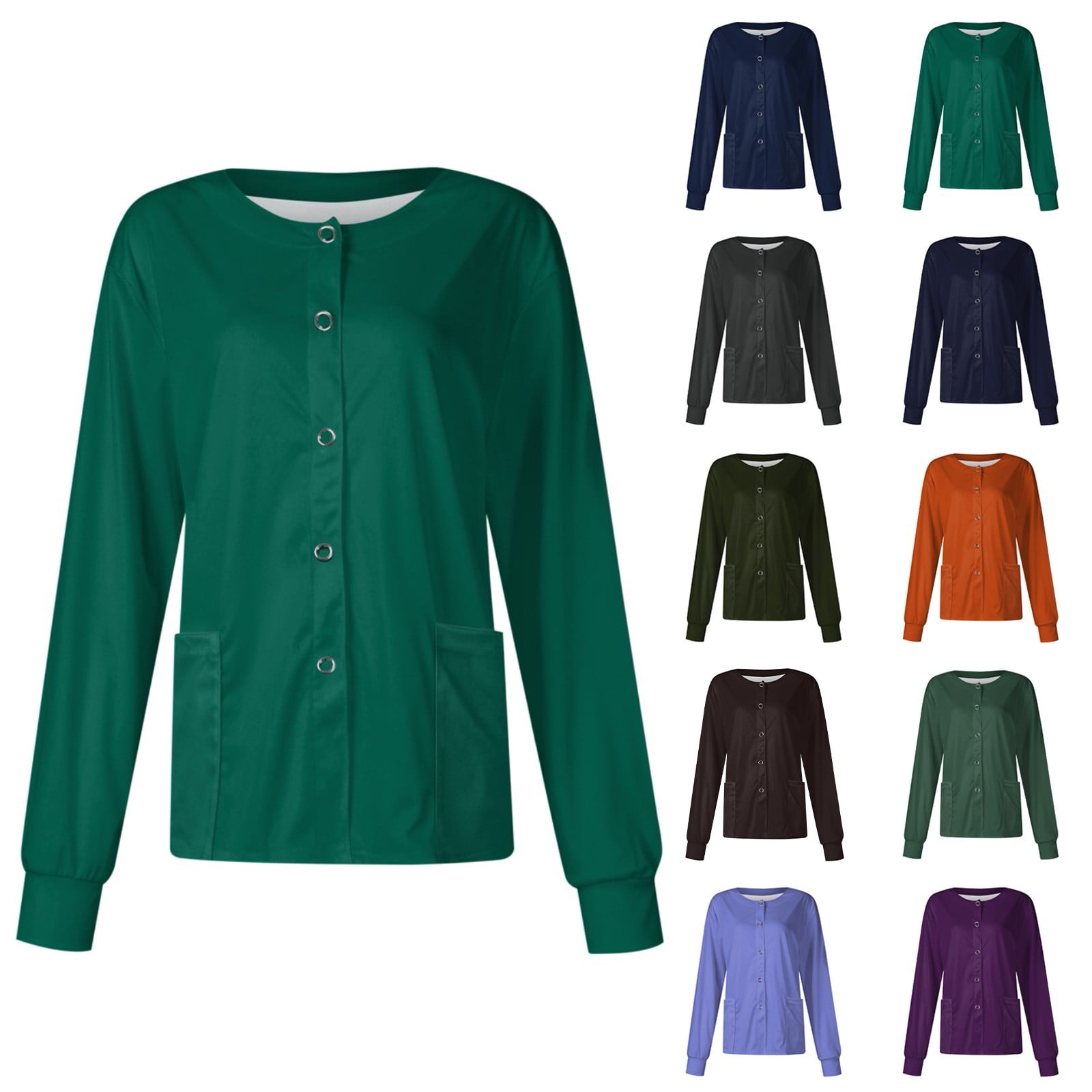 Domzest 2025 Womens Scrub Jacket Crew Neck Long Sleeve Snap Front ...