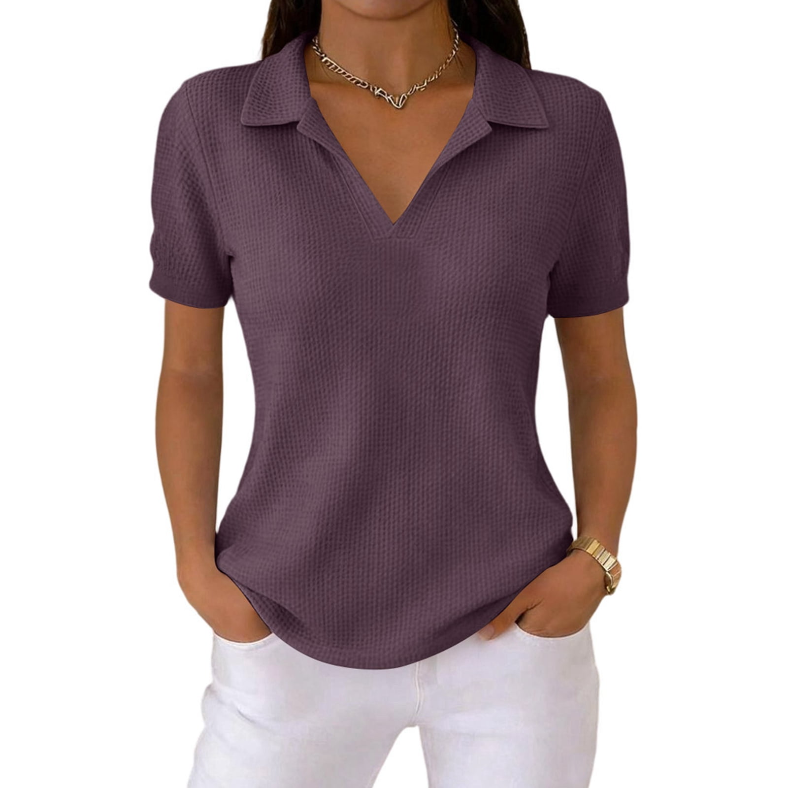 Domzest 2026 Summer Waffle Knit Polo Shirt for Women Collared V Neck ...