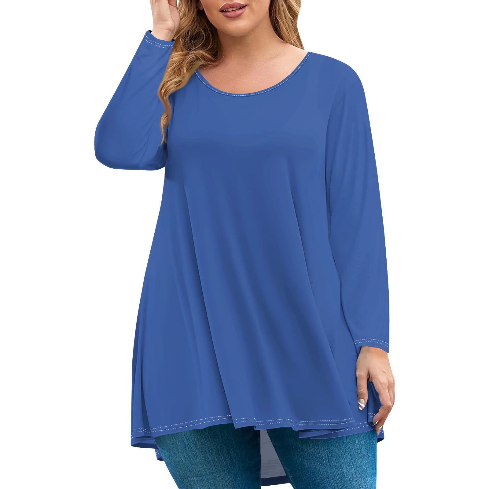 Domzest Blue Plus Size Tunic Tops for Women Dressy Long Sleeve Crew ...