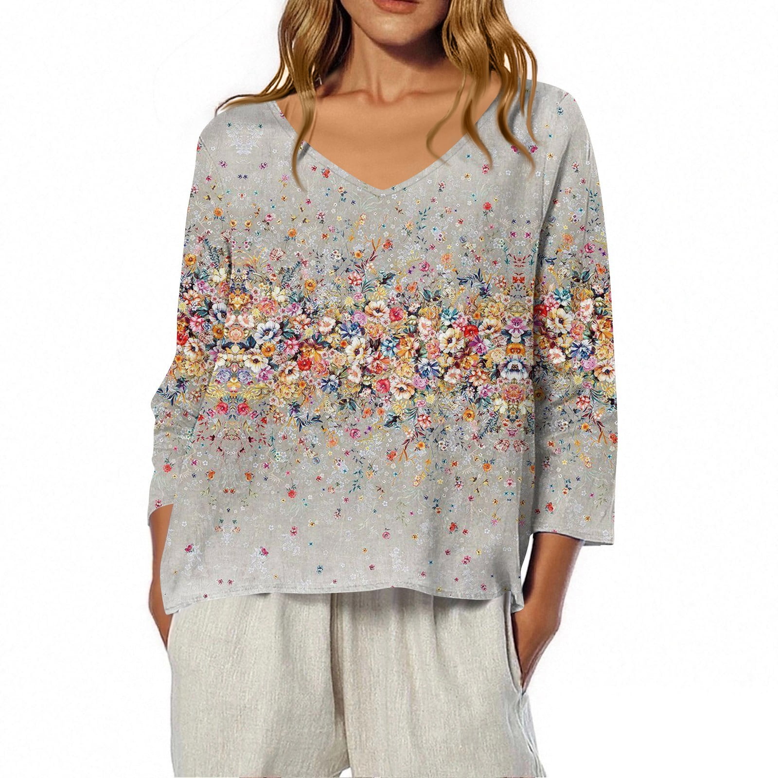 Domzest Boho Tops for Women 3/4 Length Sleeve Vneck Tshirts Shirts for ...