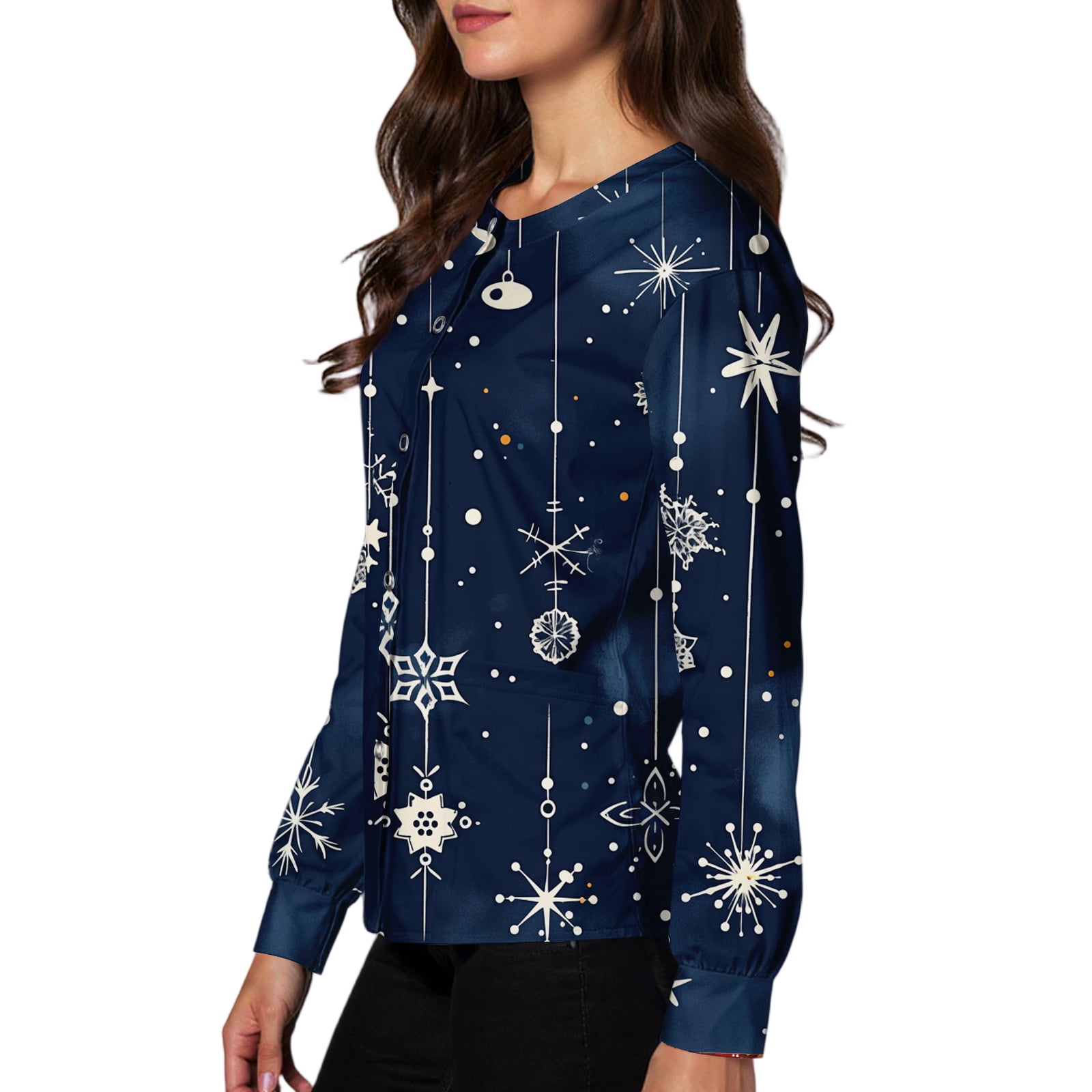 Domzest Christmas Black Scrub Jacket for Woman Cute Lab Coat Snowflake ...