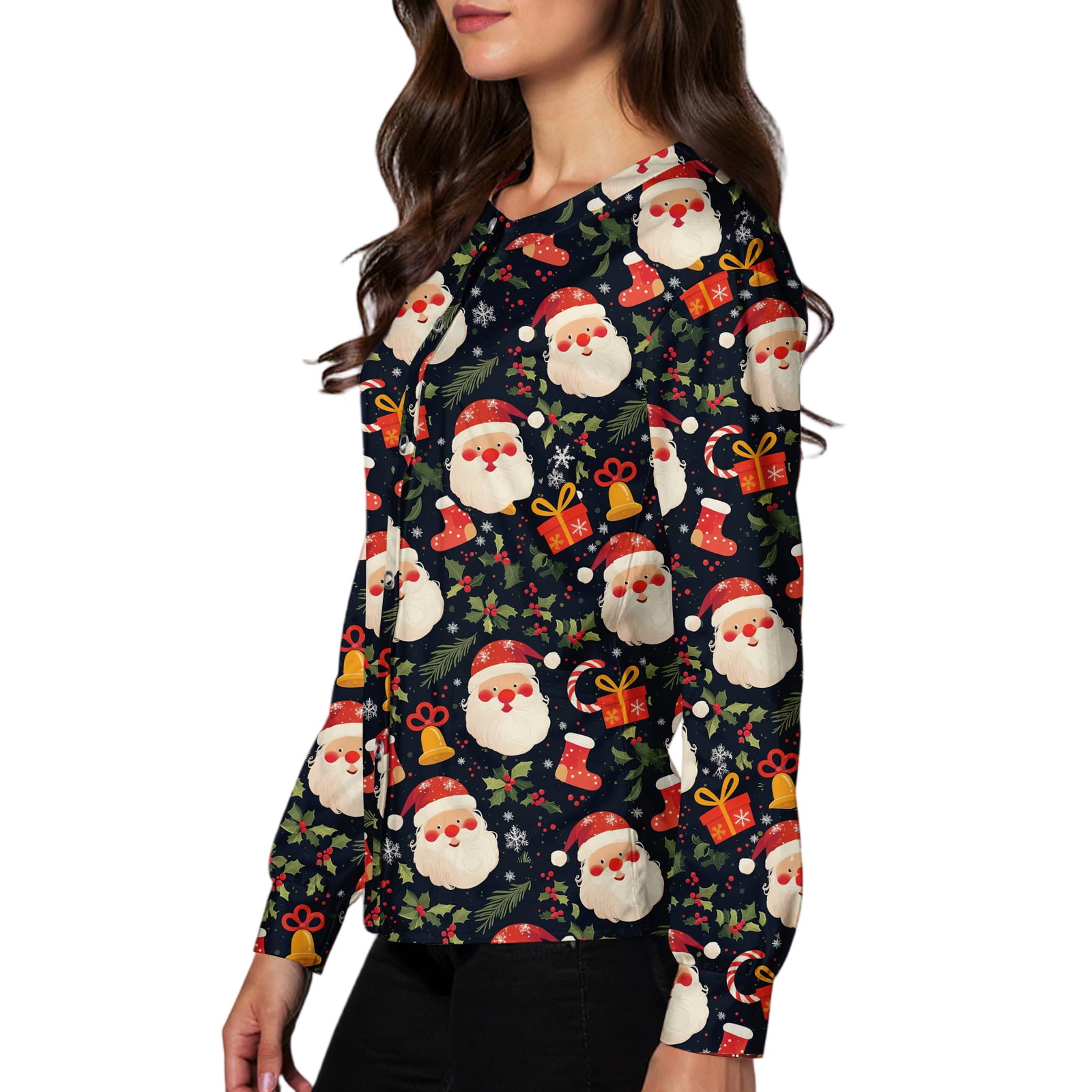 Domzest Christmas Black Scrubs Sets for Women Long Sleeve Snowflake ...
