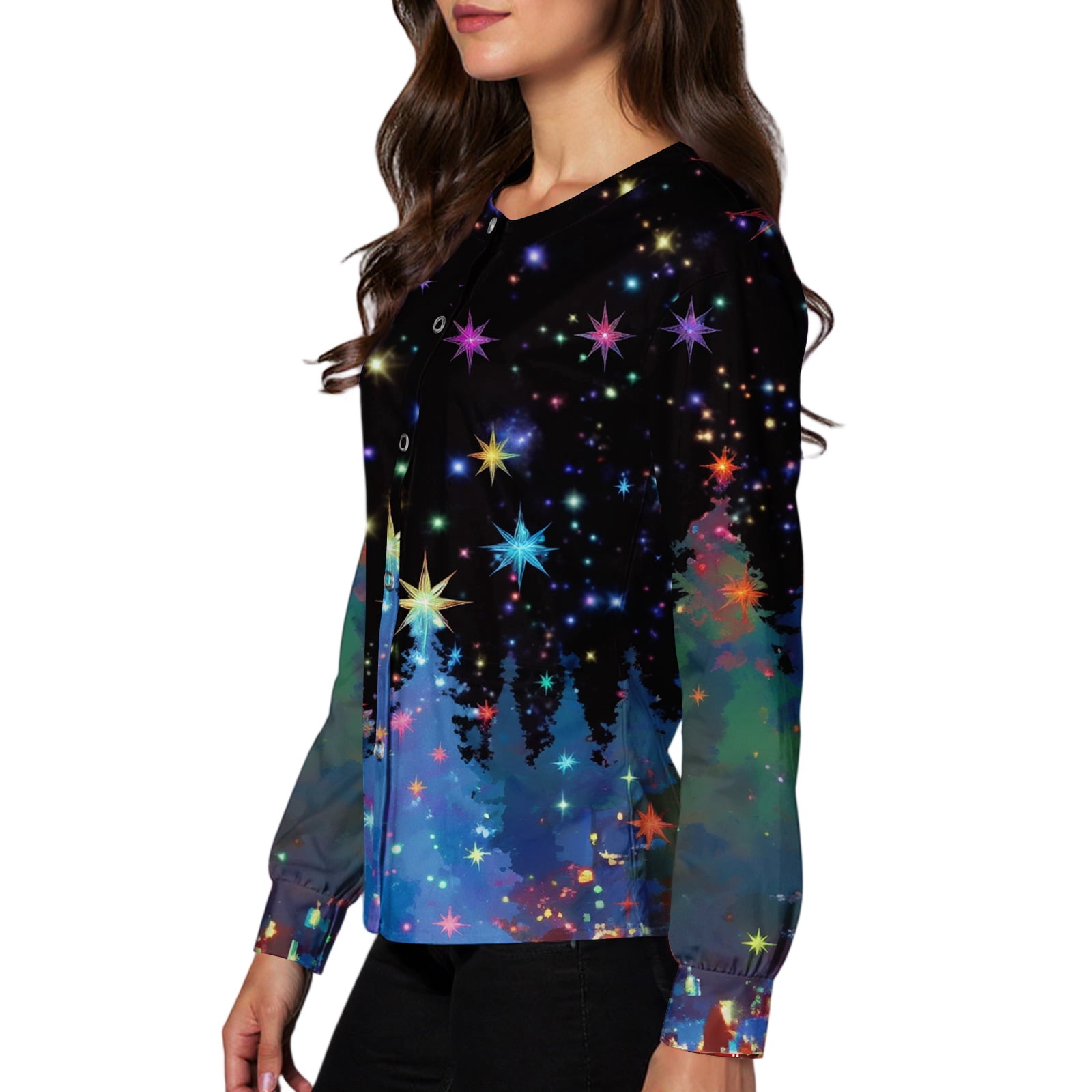 Domzest Christmas Scrub Jackets for Woman Long Sleeve Snap Front Warm ...