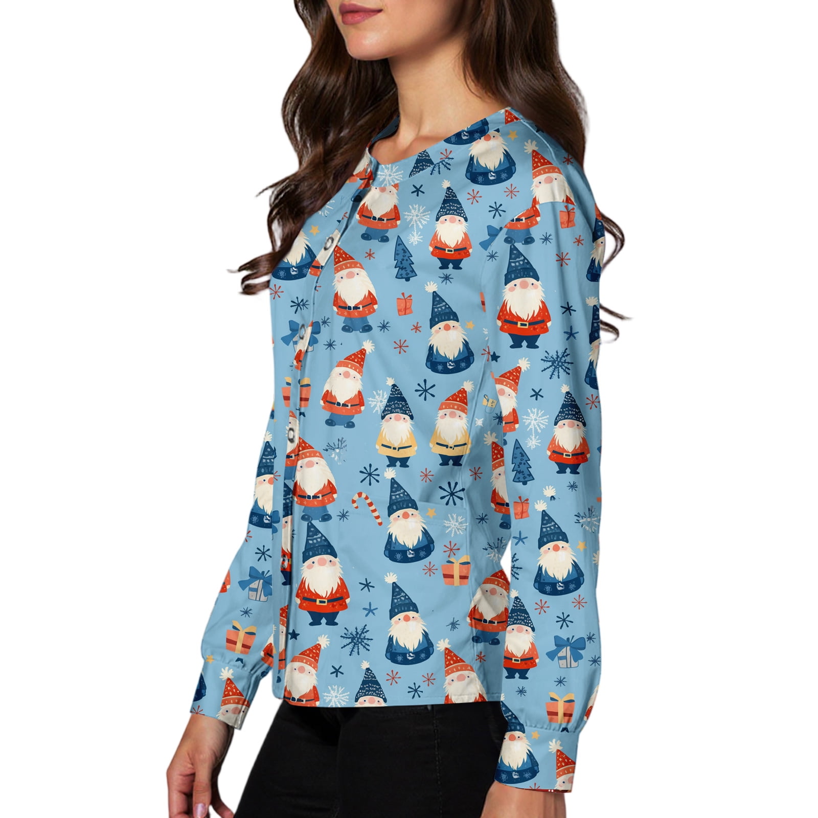 Domzest Christmas Scrub Jackets for Woman Long Sleeve Snowflake Print ...