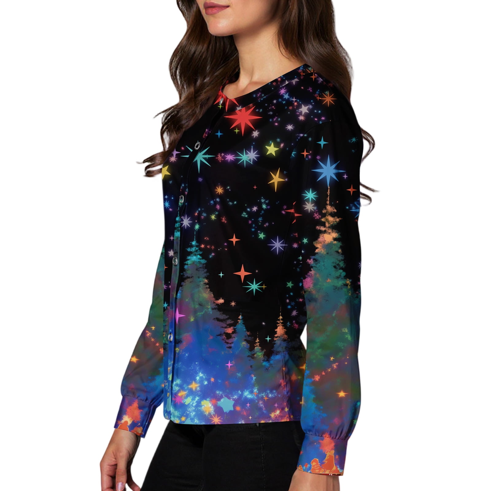 Domzest Christmas Scrub Jackets for Woman Long Sleeve Snowflake Print ...