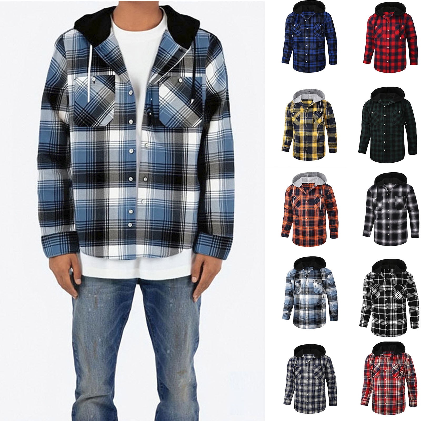 Domzest Flannel Jacket Men Plaid Long Hooded Cardigans Fuzzy Lined ...
