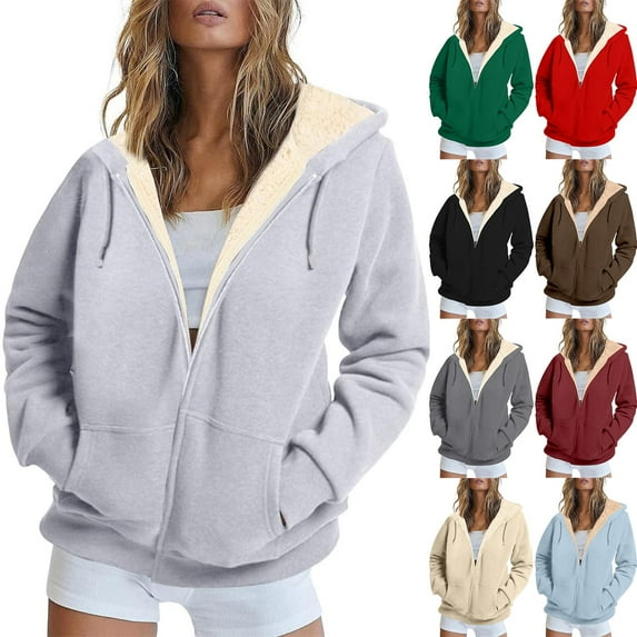 Domzest Fleece Jacket Women Long Sleeve Full Coat Casual Solid Color Fleece Faux Fur Warm Jacket ...
