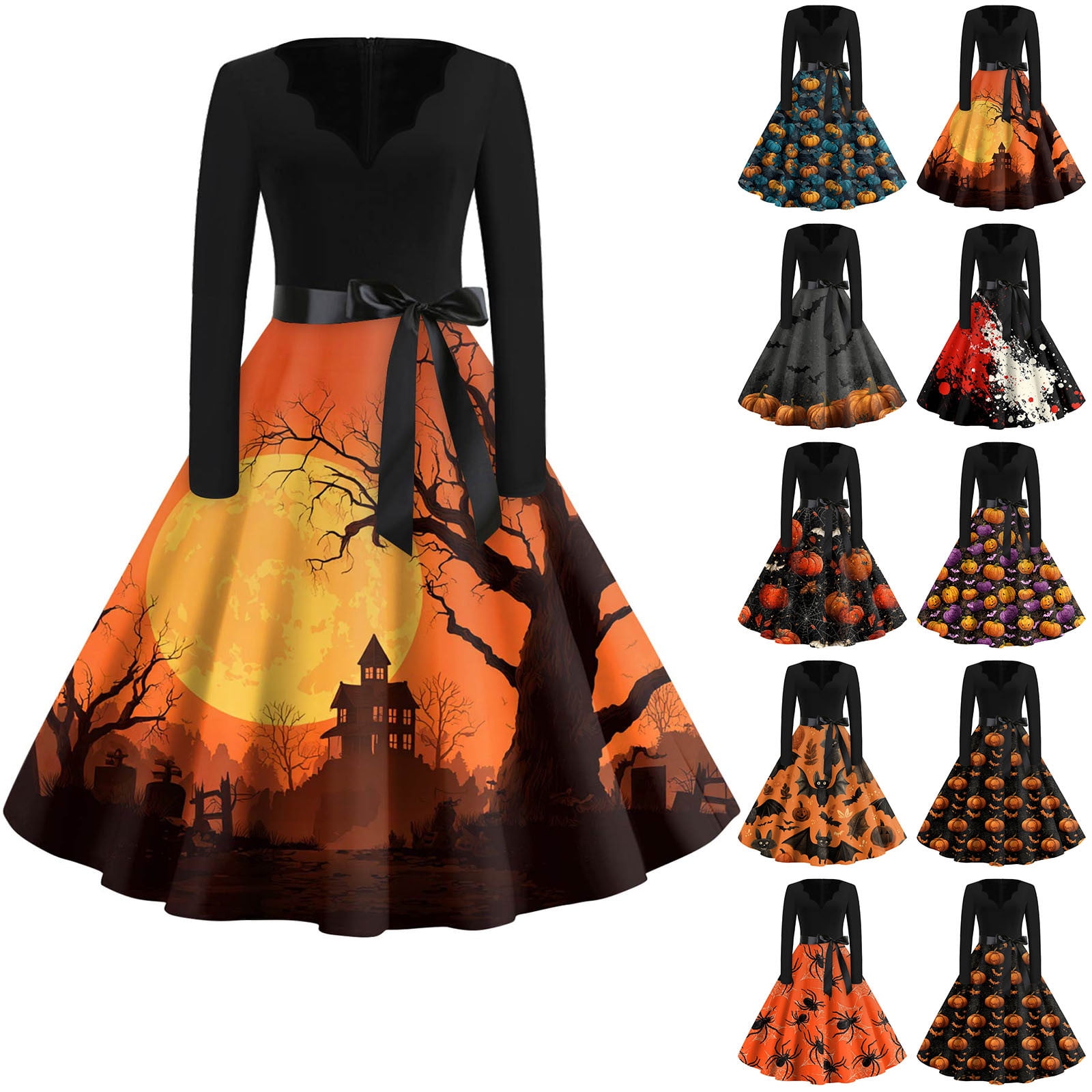 Domzest Halloween Dresses for Women Fall Vintage Bloody Printed Long ...