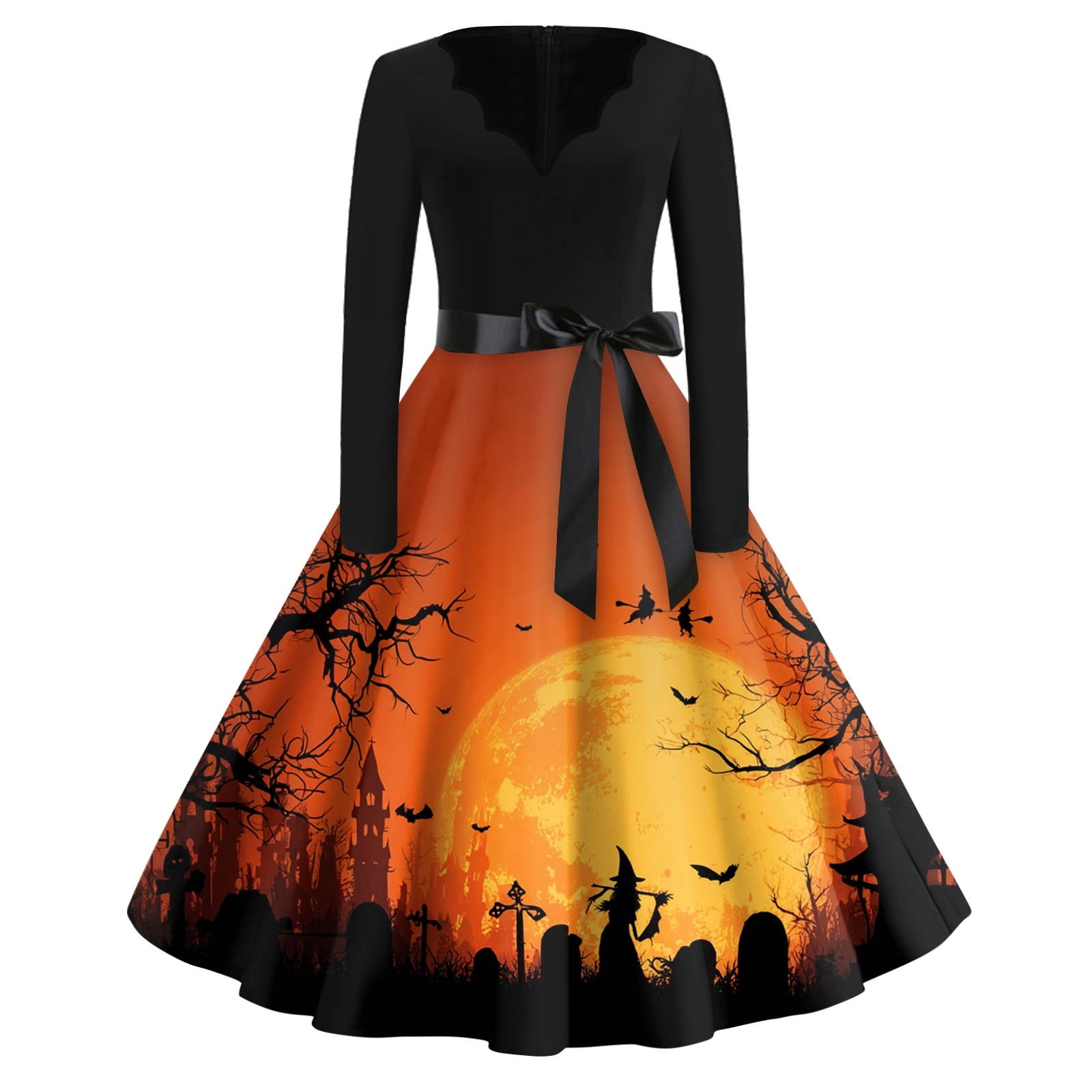 Domzest Halloween Dresses for Women Fall Vintage Ghost Printed Long ...