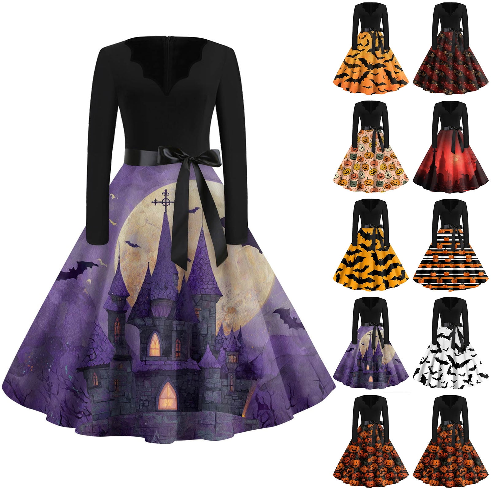 Domzest Halloween Dresses for Women Fall Vintage Pumpkin Ghost Bat ...