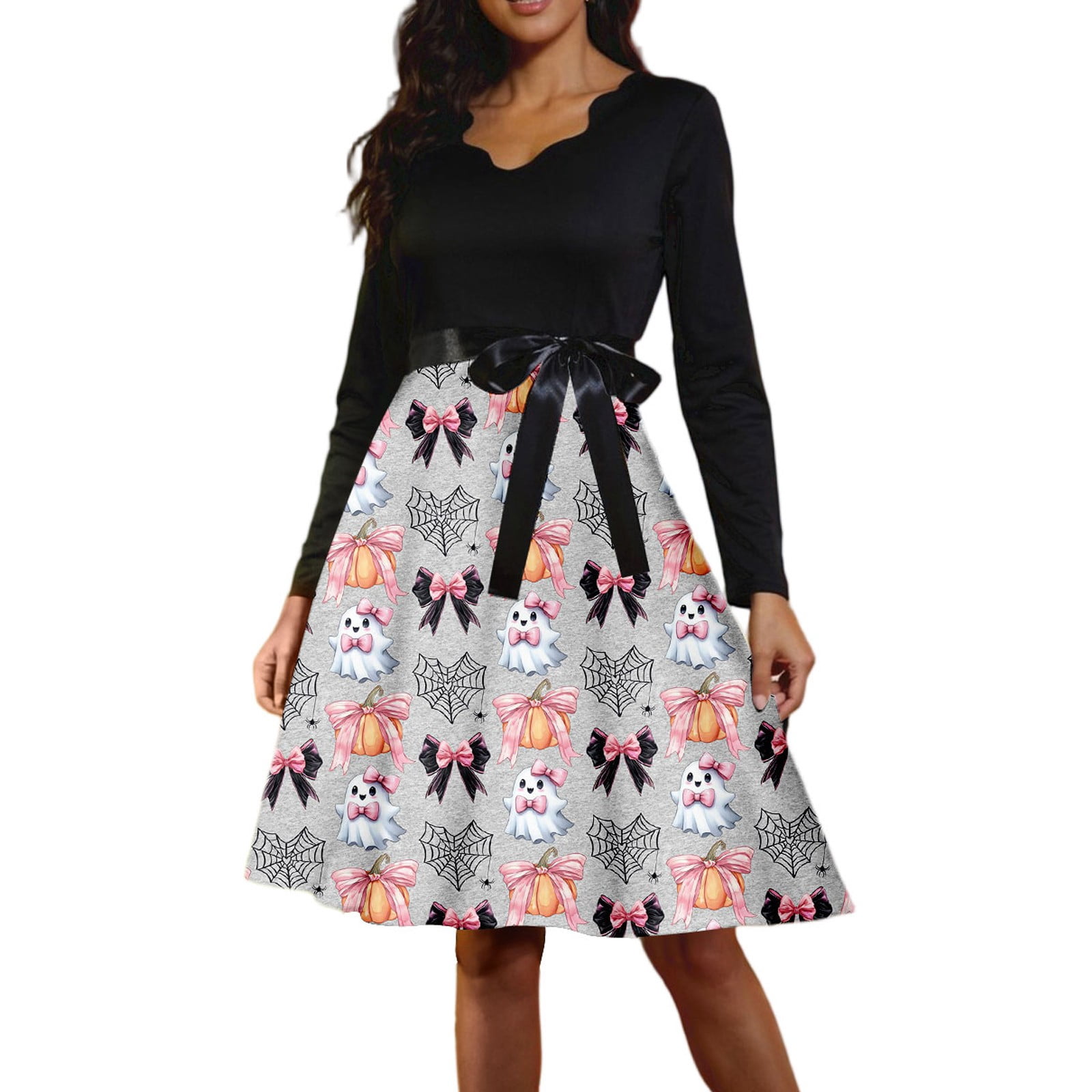 Domzest Halloween Dresses for Women Fall Vintage Witch Printed Long ...