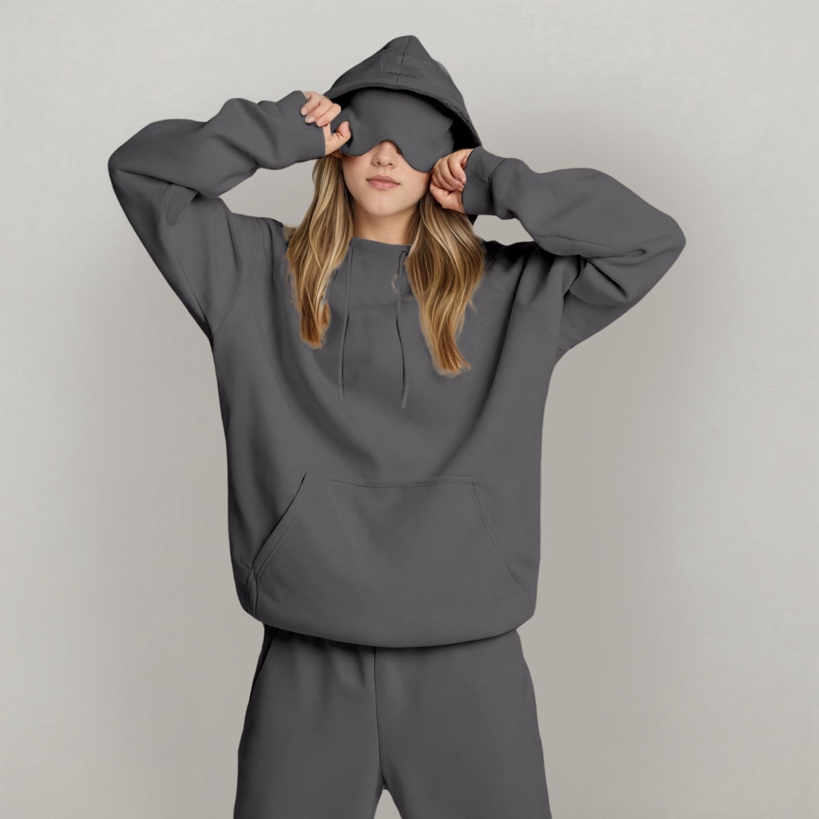 Domzest Hoodie with Eye Mask Built In Preppy Oversized Comfrt Airplane ...