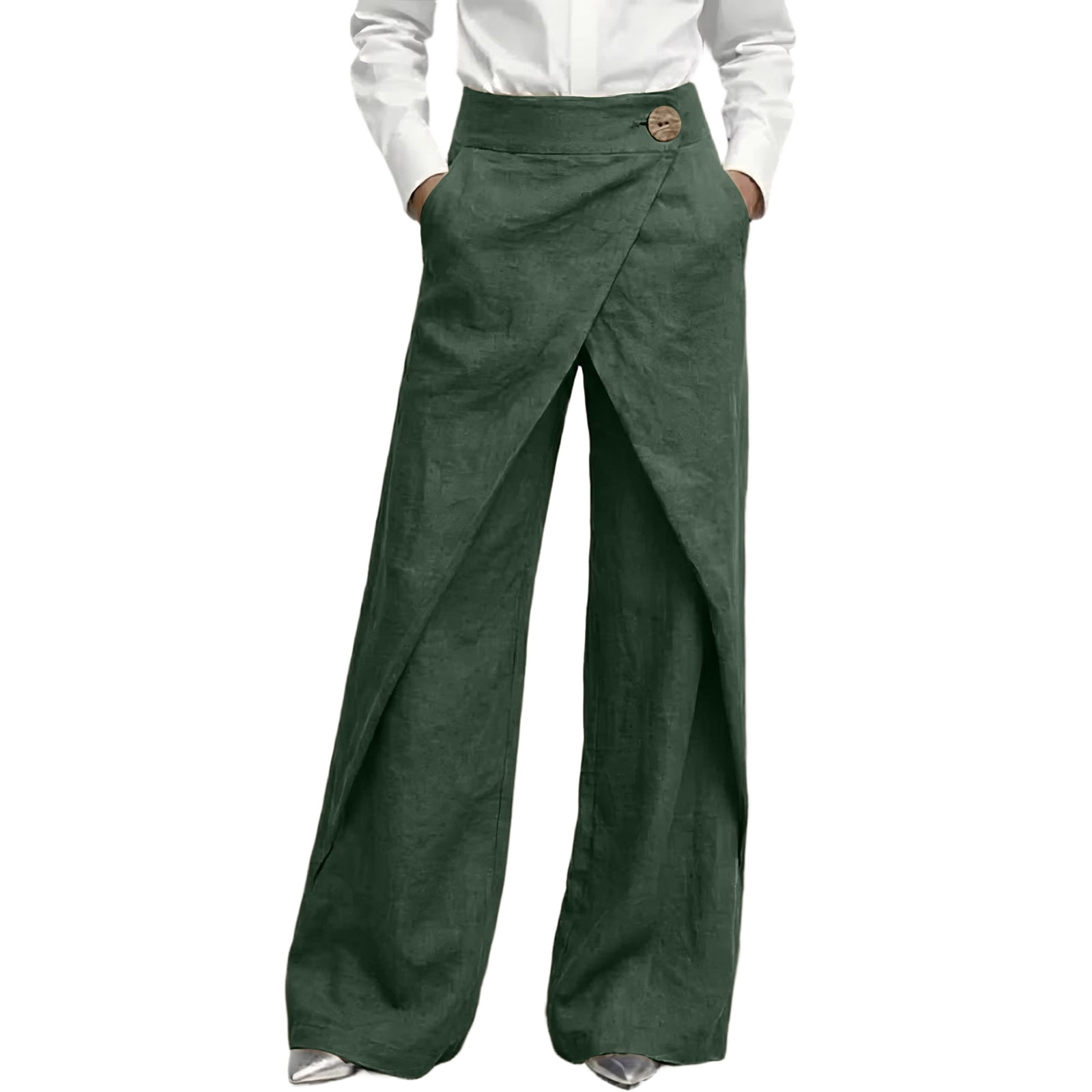 Domzest Linen Pants for Women High Waist Wrap Front Split Wide Leg ...