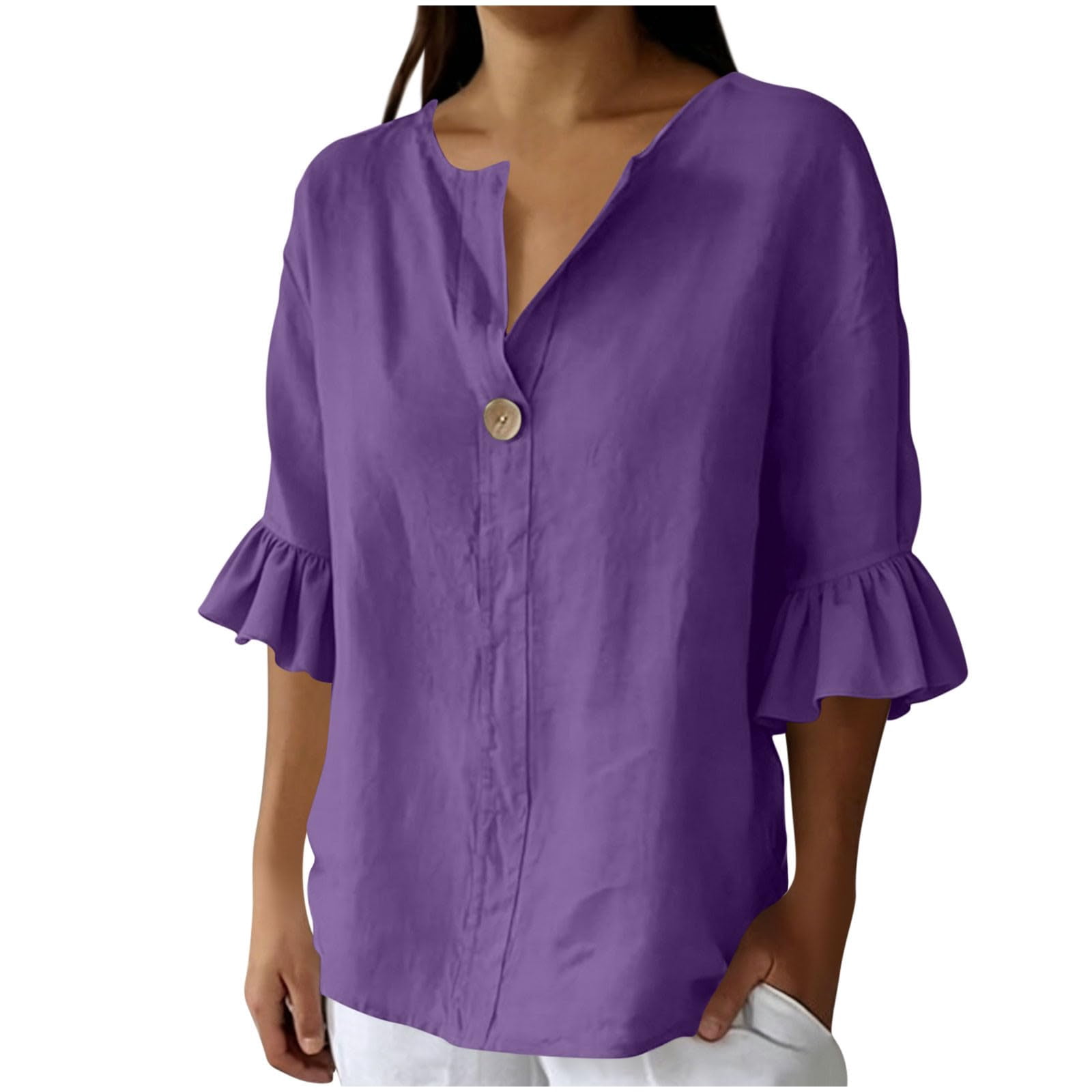 Domzest Linen Shirts for Women V Neck 3/4 Lenth Sleeve Tops Button ...