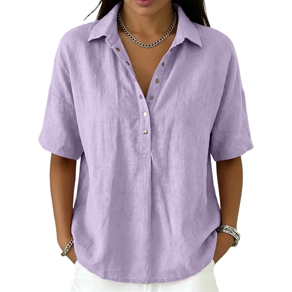 Domzest Linen Tops for Women V Neck Short Sleeve Button Down T Shirt ...
