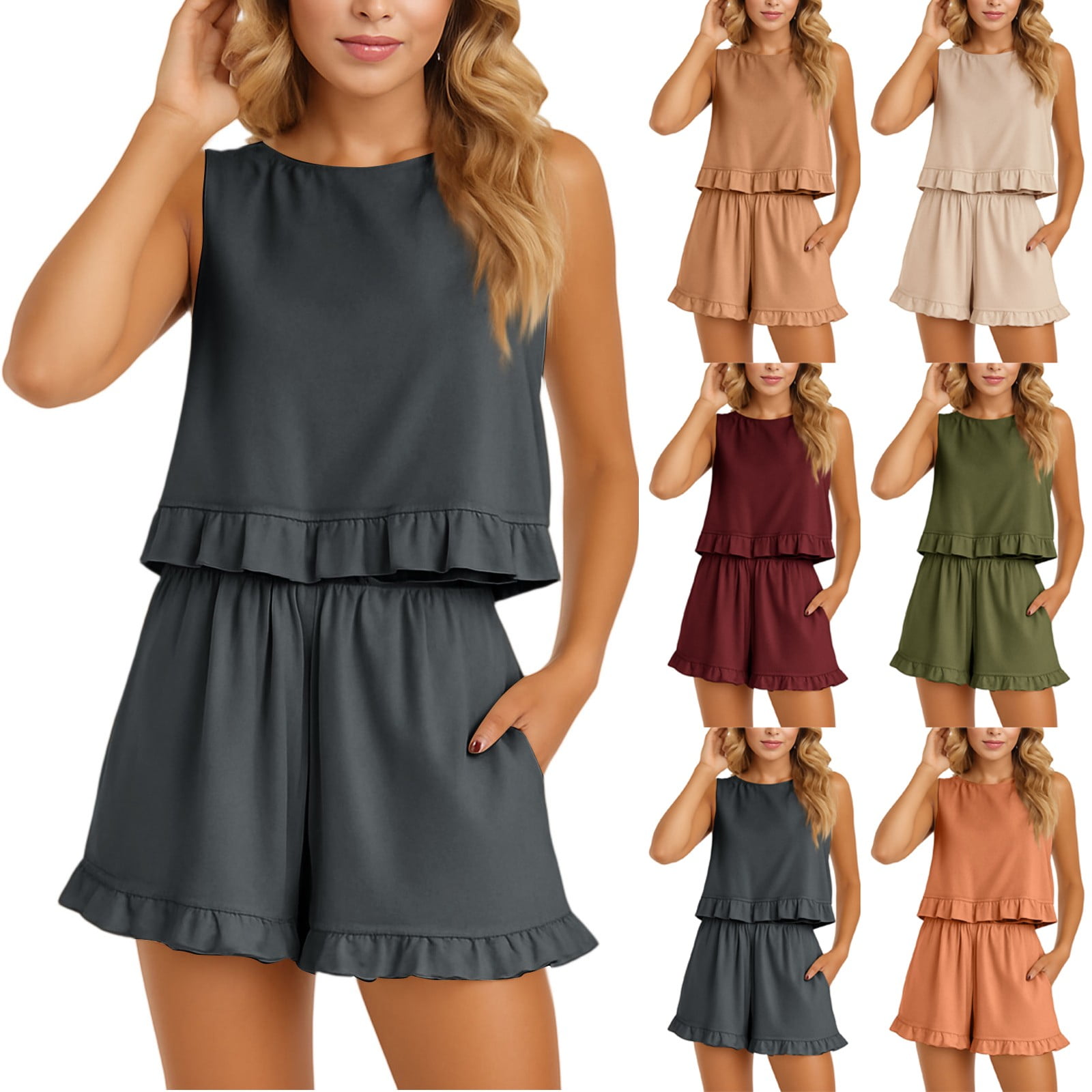 Domzest Outfits for Women 2 Piece Sets Summer Vacation Sets Sleeveless High Neck Linen Matching ...