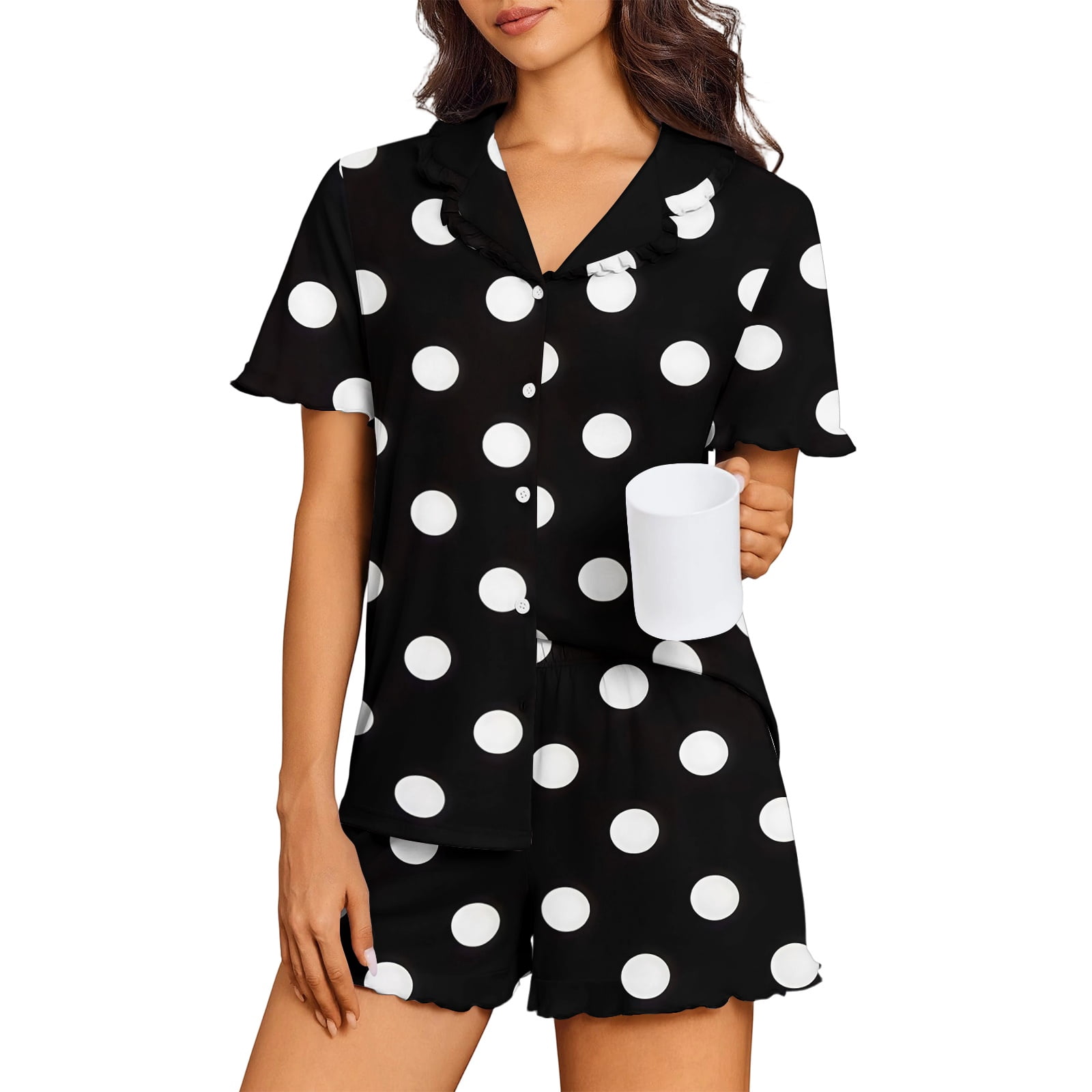 Domzest Pajamas Sets for Women Short Sleeve V Neck Button Down Pjs ...