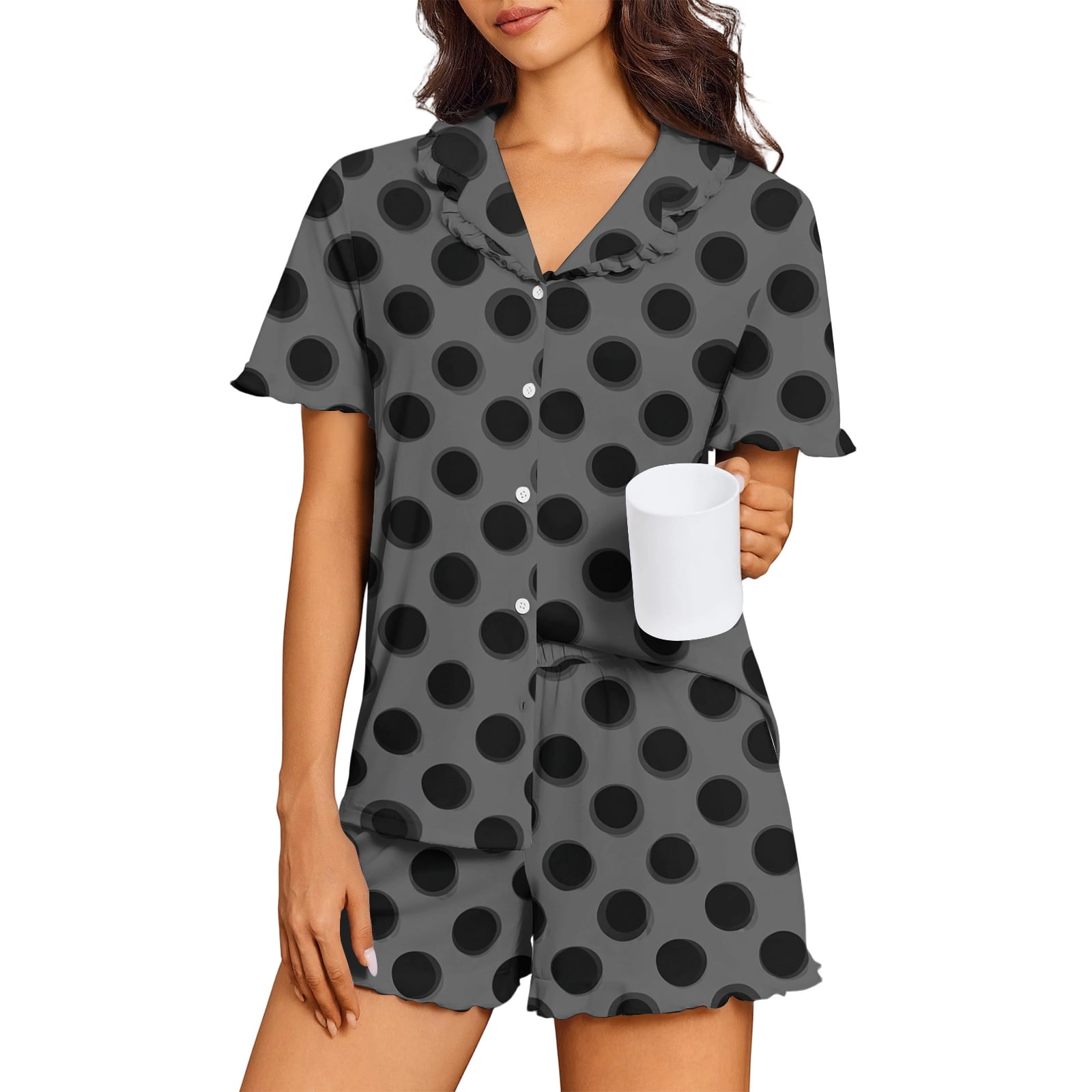 Domzest Pajamas Sets for Women Short Sleeve V Neck Cute Polka Dot Pjs ...
