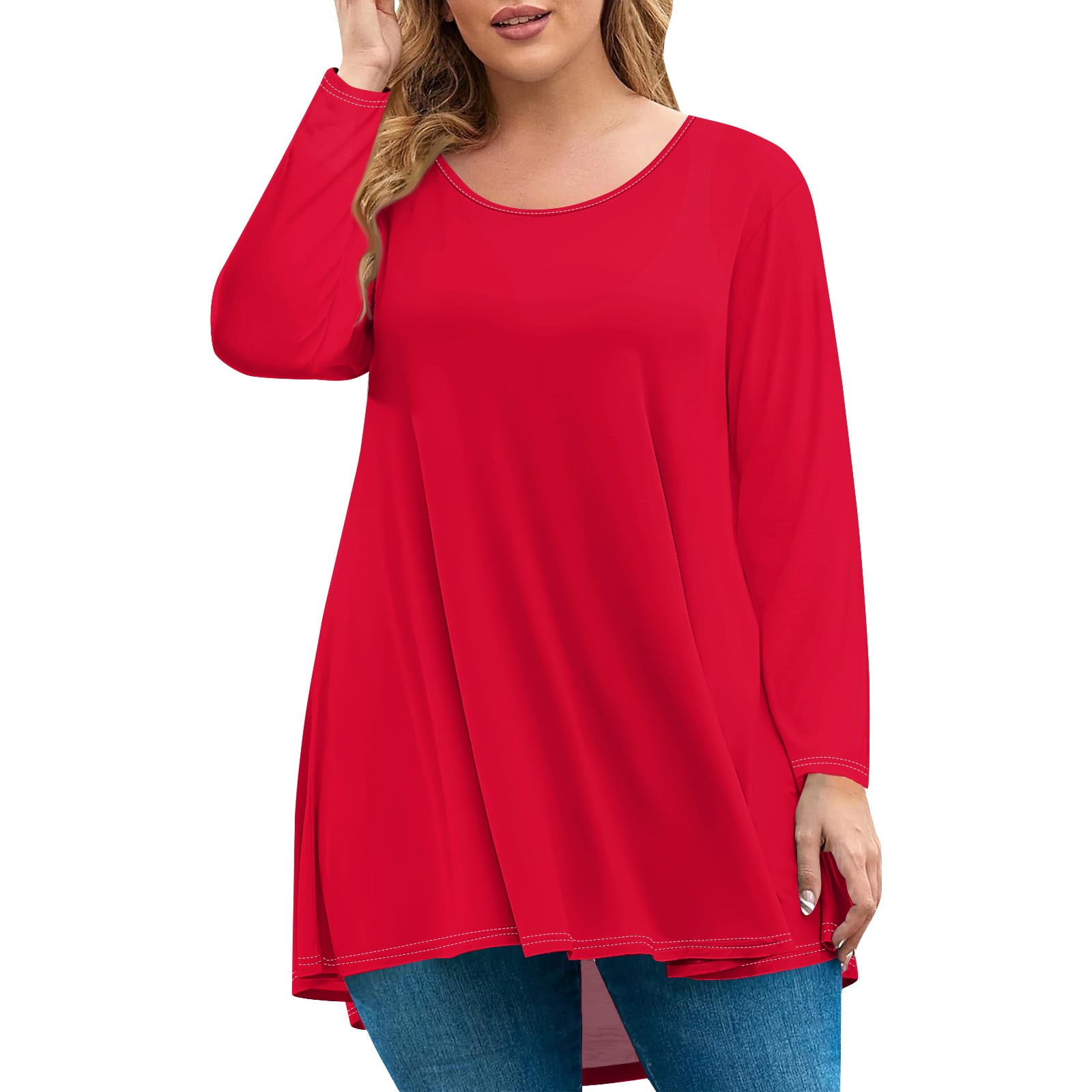 Domzest Red Plus Size Blouse for Women 4x-5x Long Sleeve Crew Neck ...