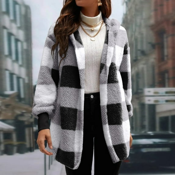 Domzest Sherpa Cardigan Women Plaid Fuzzy Fleece Hoodie Long Sleeve ...