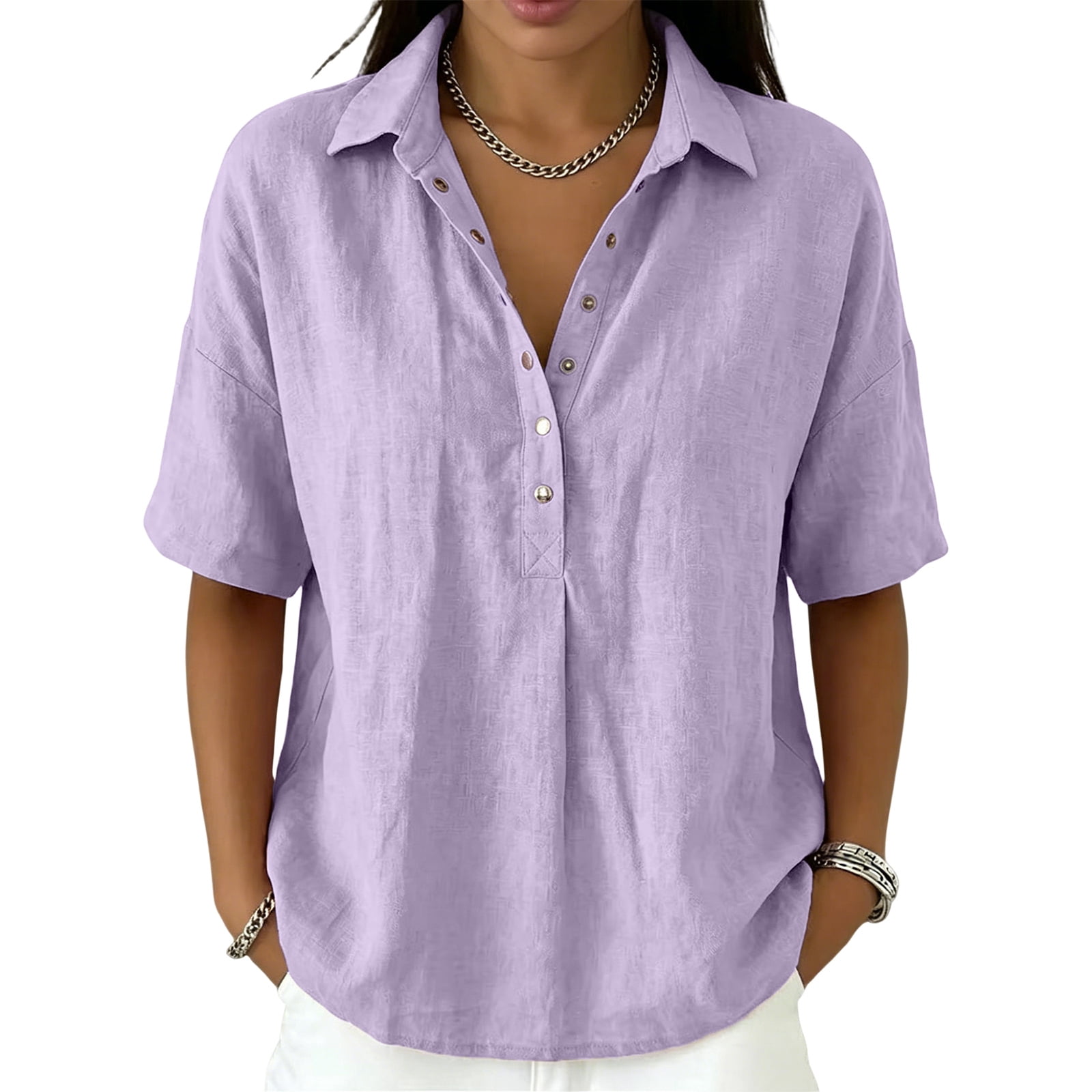 Domzest V Neck T Shirts for Women Short Sleeve Loose Fit Button Down ...