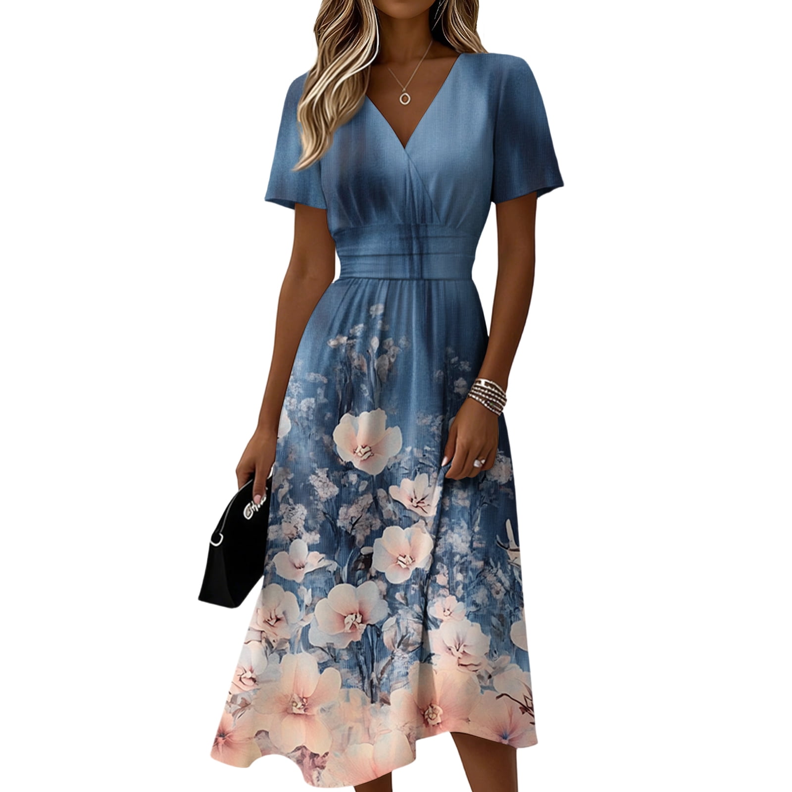 Domzest Warp V-Neck Dress for Women Short Sleeve Ruched Empire Waist A ...