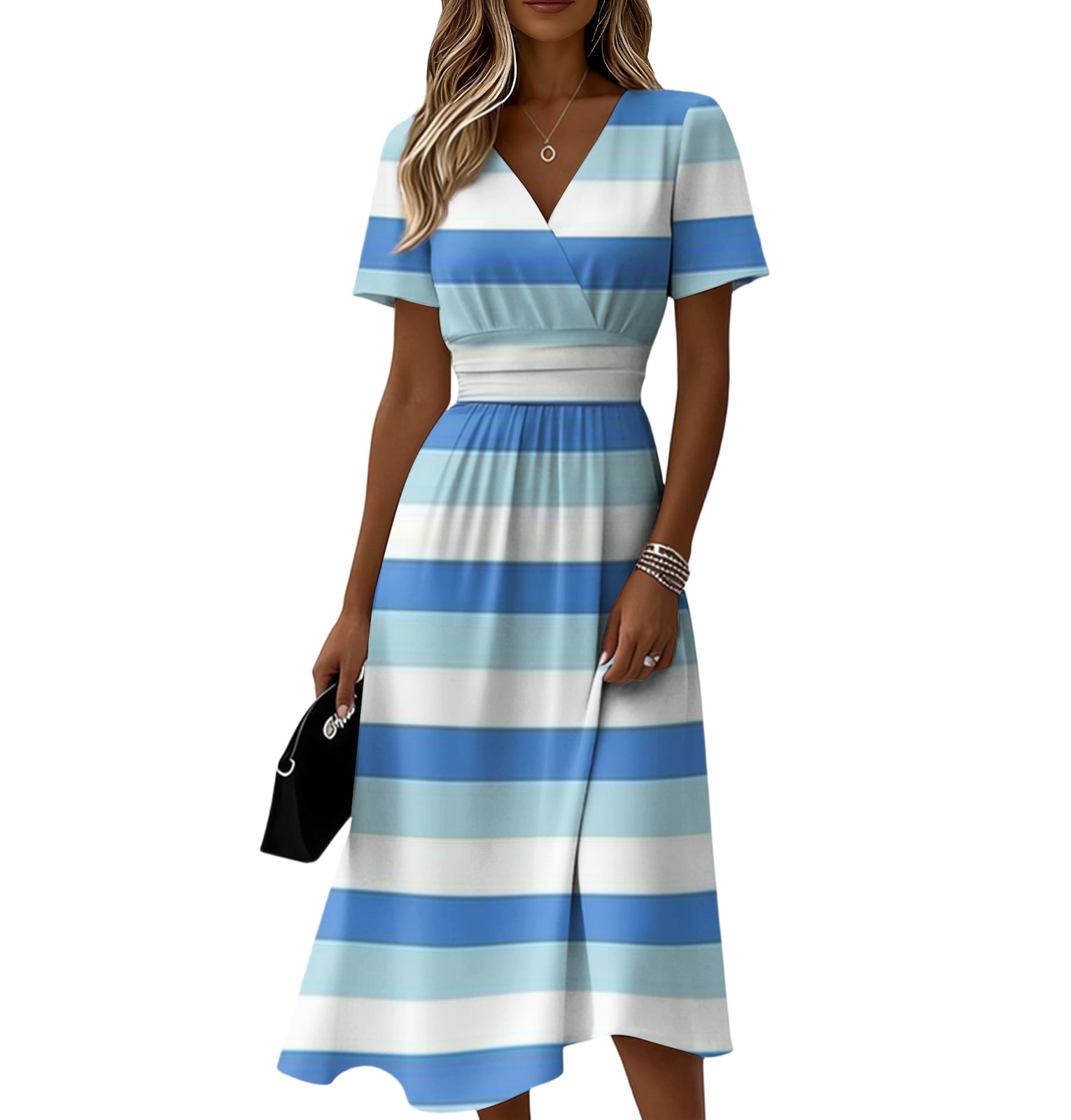 Domzest Warp V-Neck Dress for Women Short Sleeve Ruched Empire Waist A ...