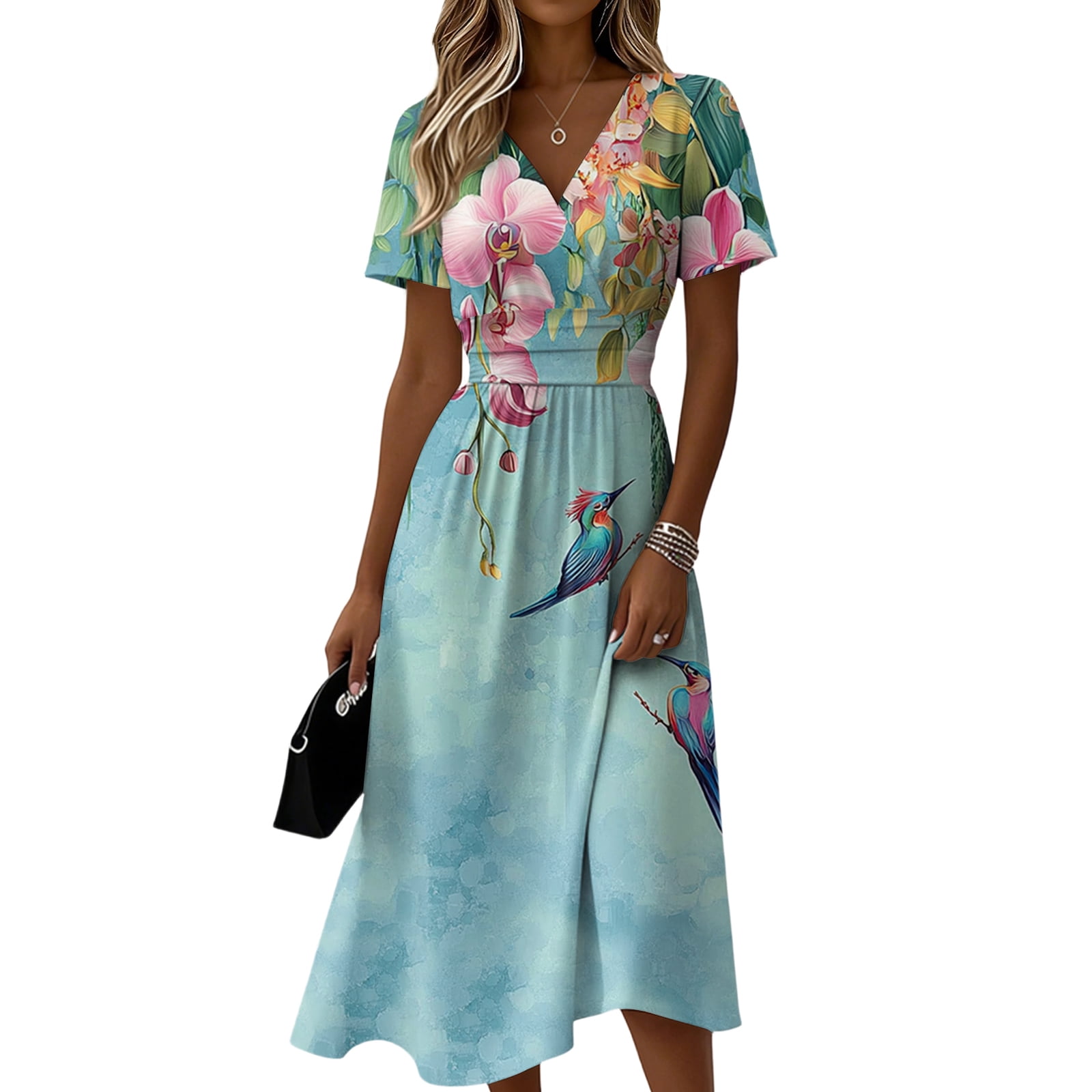Domzest Warp V-Neck Dress for Women Short Sleeve Ruched Empire Waist A ...