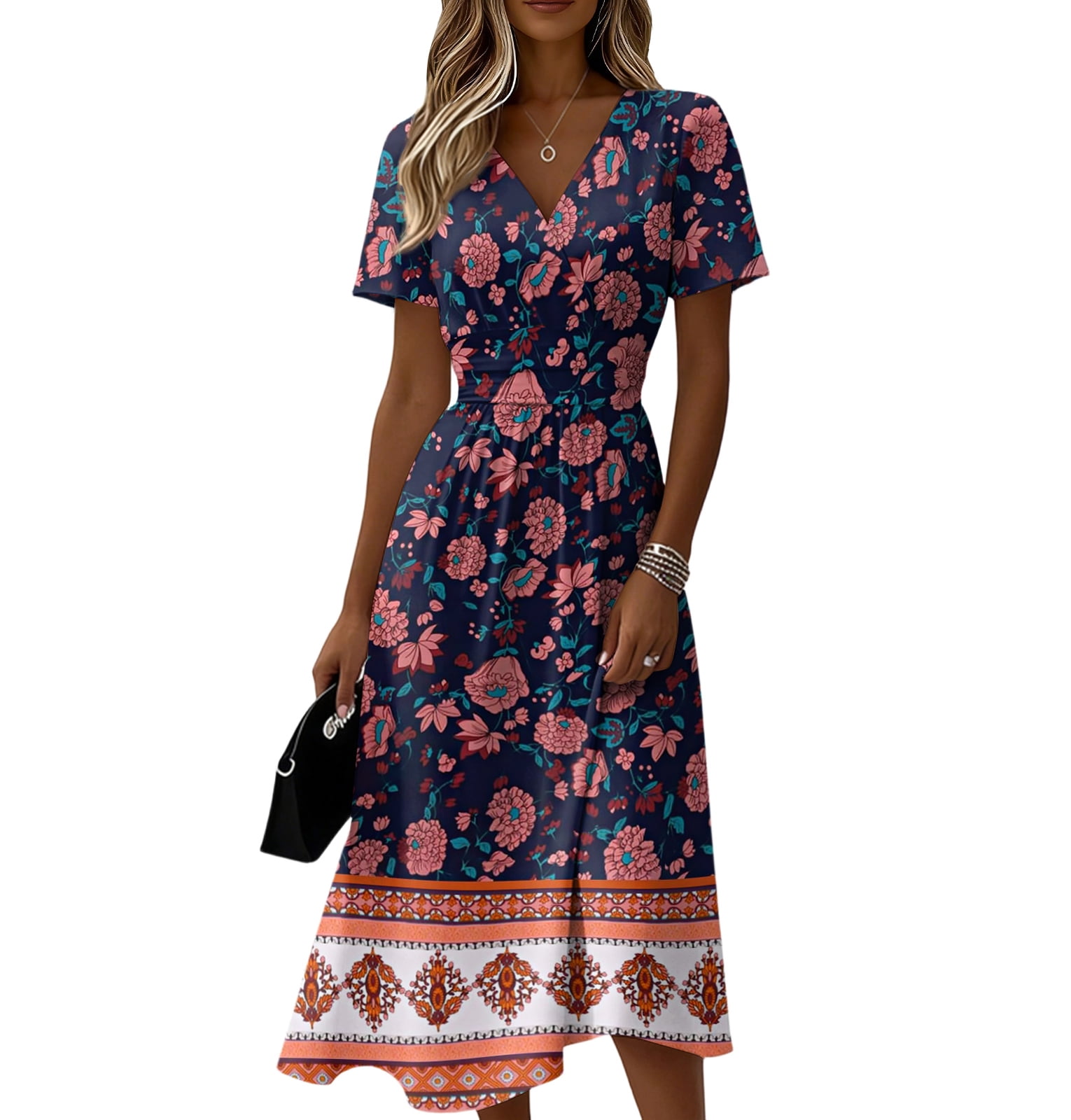 Domzest Warp V-Neck Dress for Women Short Sleeve Ruched Empire Waist A ...