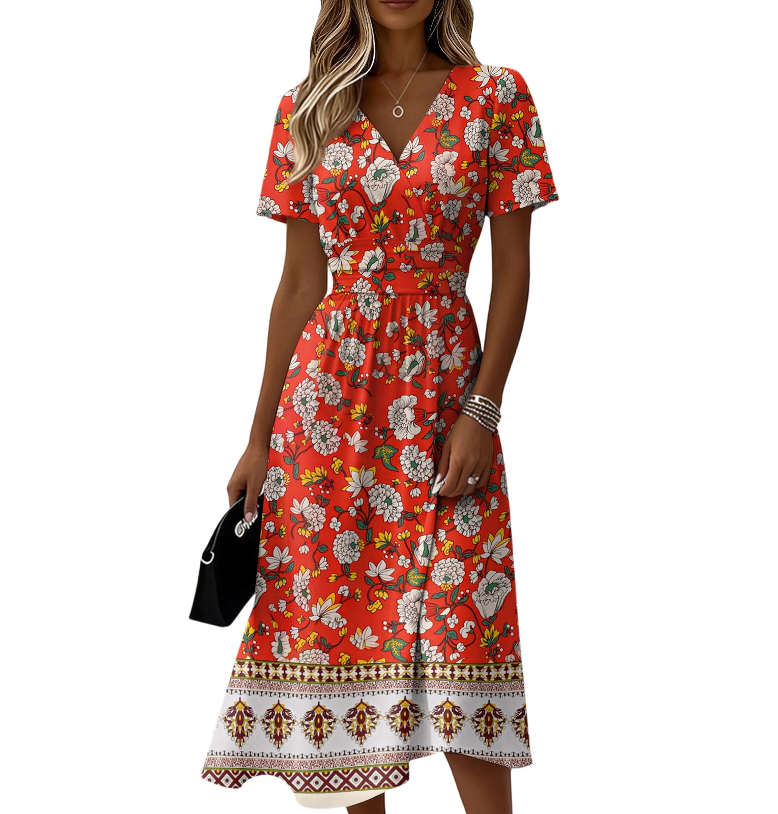 Domzest Warp V-Neck Dress for Women Short Sleeve Ruched Empire Waist A ...