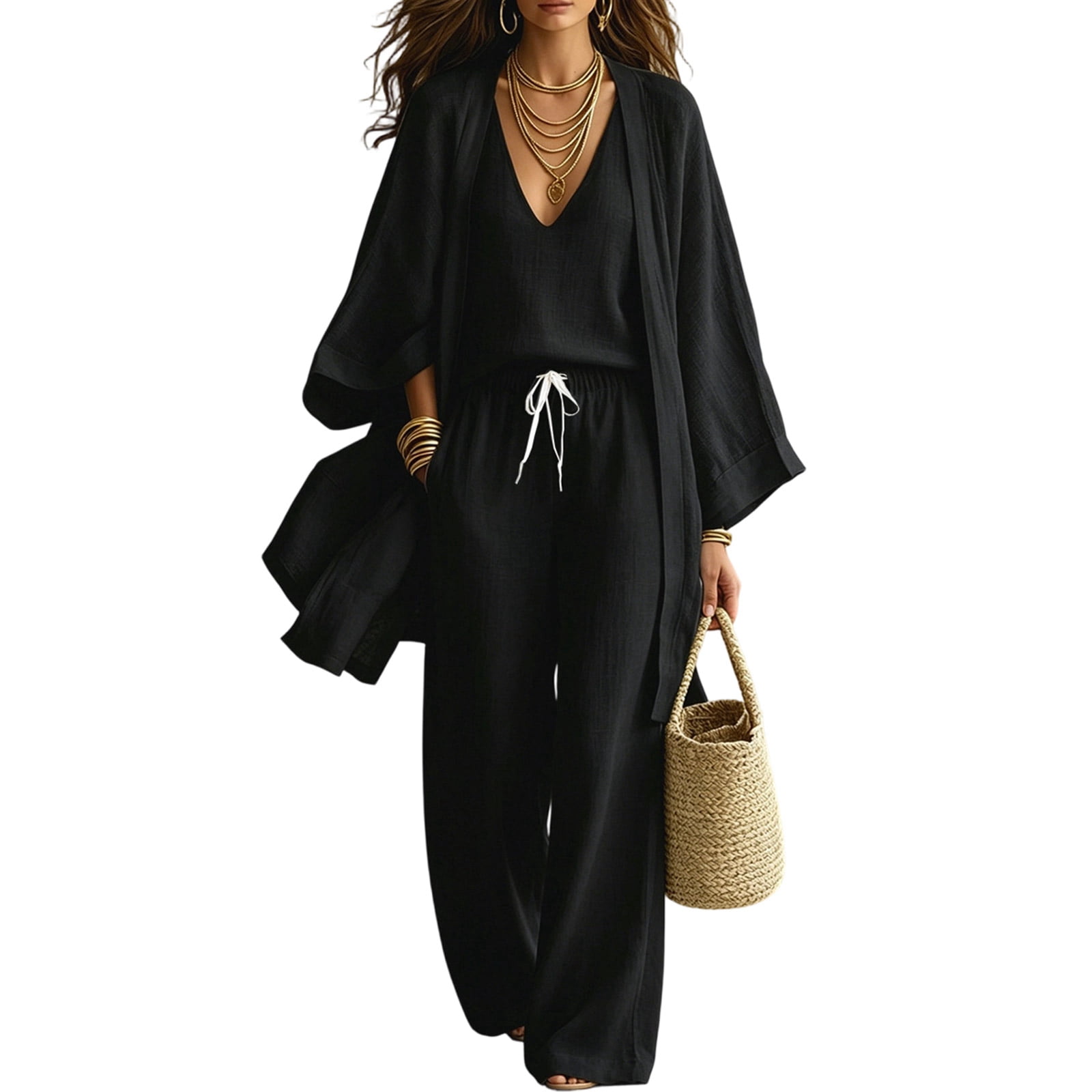 Domzest Women's 3 Piece Linen Sets Open Front Kimono Cardigan V-Neck ...