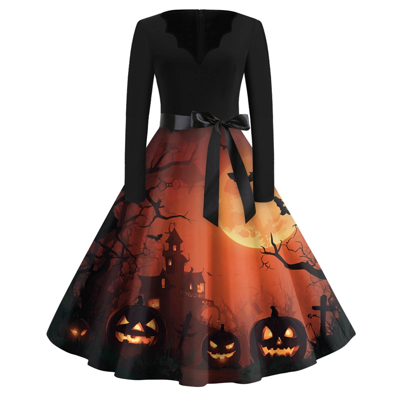 Domzest Women's Halloween Dress Fall Vintage Ghost Printed Long Sleeves ...