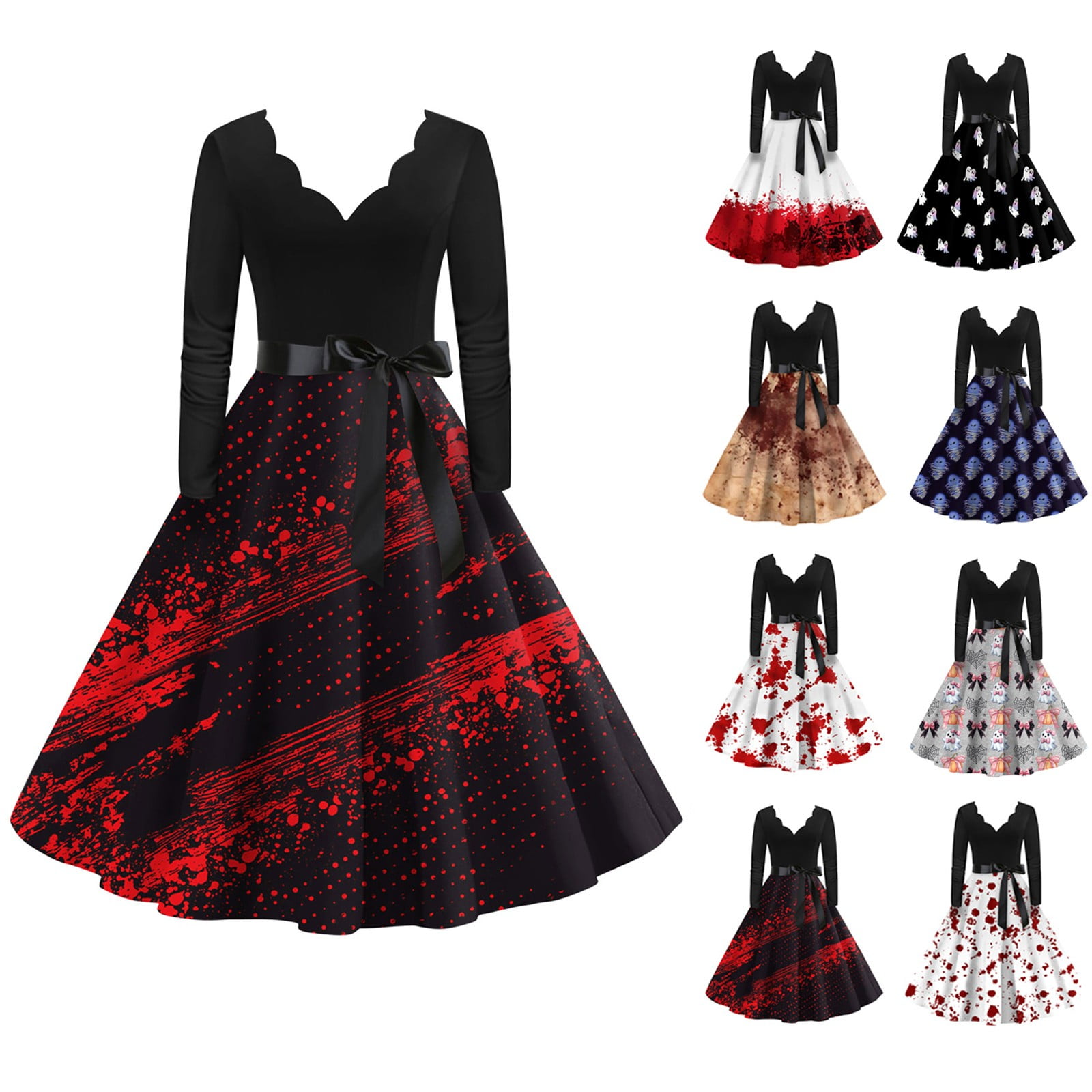 Domzest Women's Halloween Dress Fall Vintage Ghost Printed Long Sleeves ...