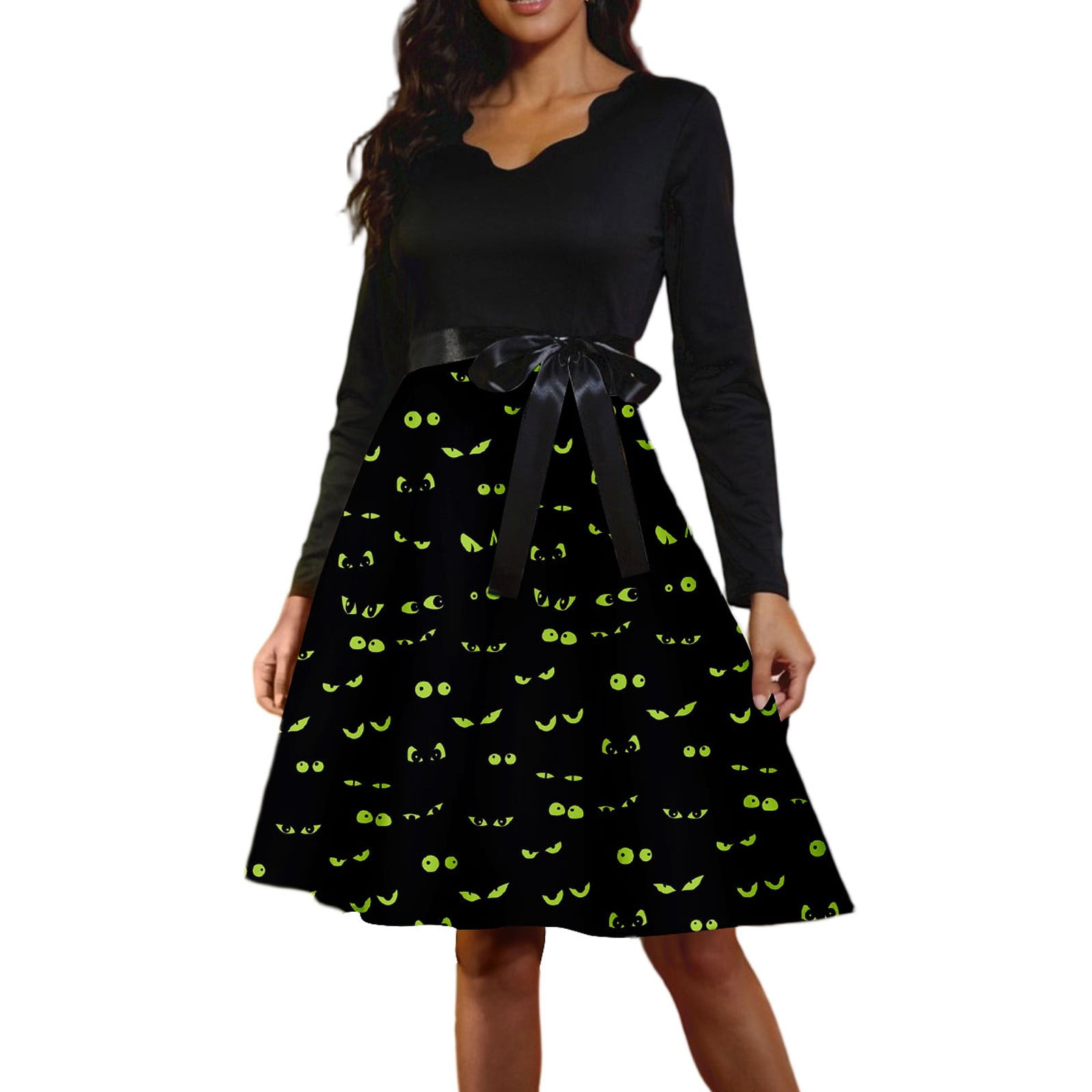 Domzest Women's Halloween Dress Fall Vintage Halloween Print Long Sleeve V-Neck Plus Size ...