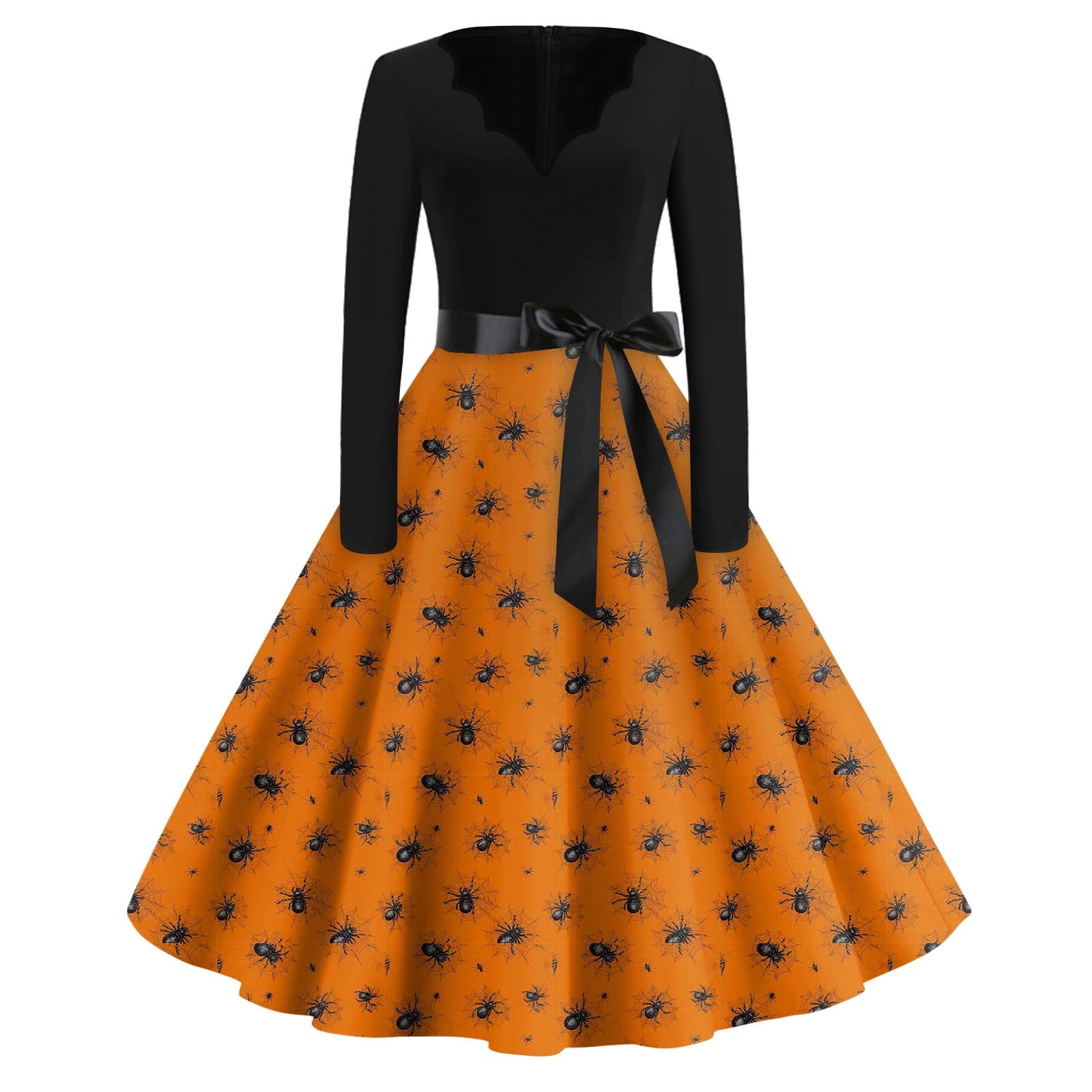 Domzest Women's Halloween Dress Fall Vintage Pumpkin Print Long Sleeves ...